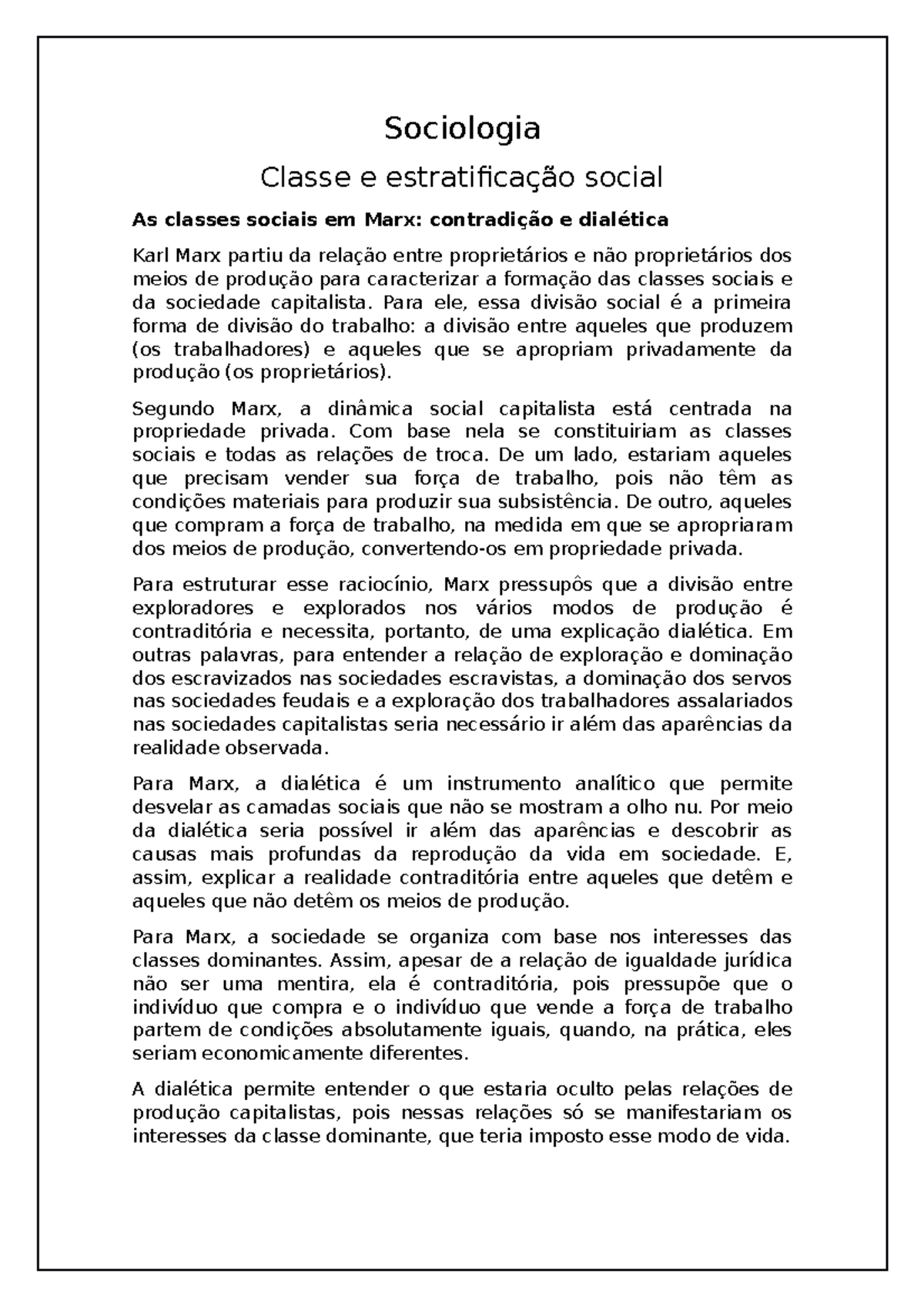 As classes sociais em Marx - Sociologia Classe e estratificação social ...