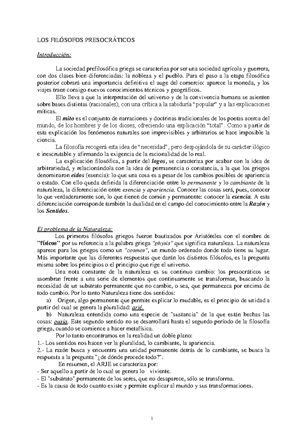Los primeros Filósofos - LOS FILÓSOFOS PRESOCRÁTICOS Introducción: La ...