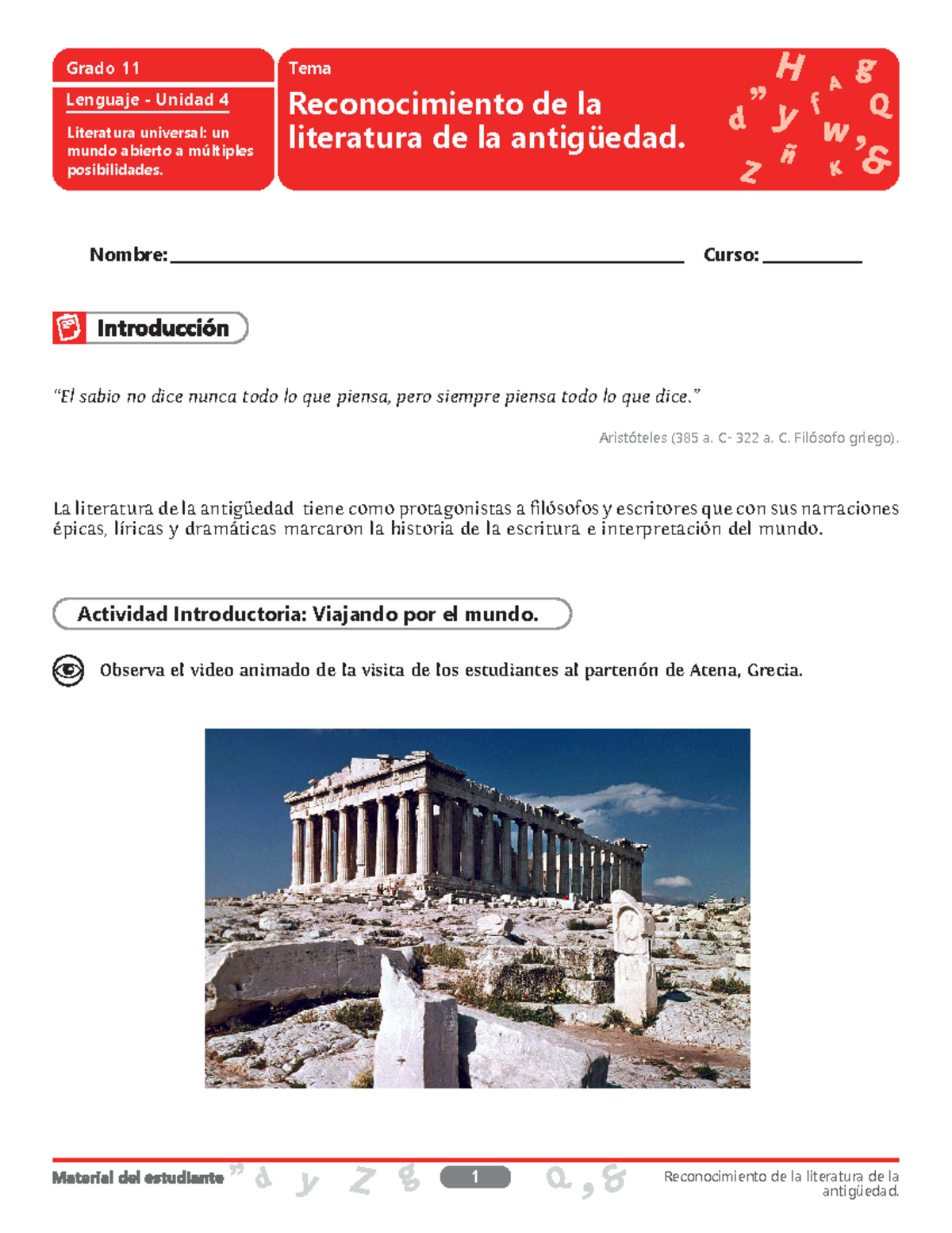 GUIA Epica Universal - Tema Curso: Lenguaje - Unidad 4 Literatura ...