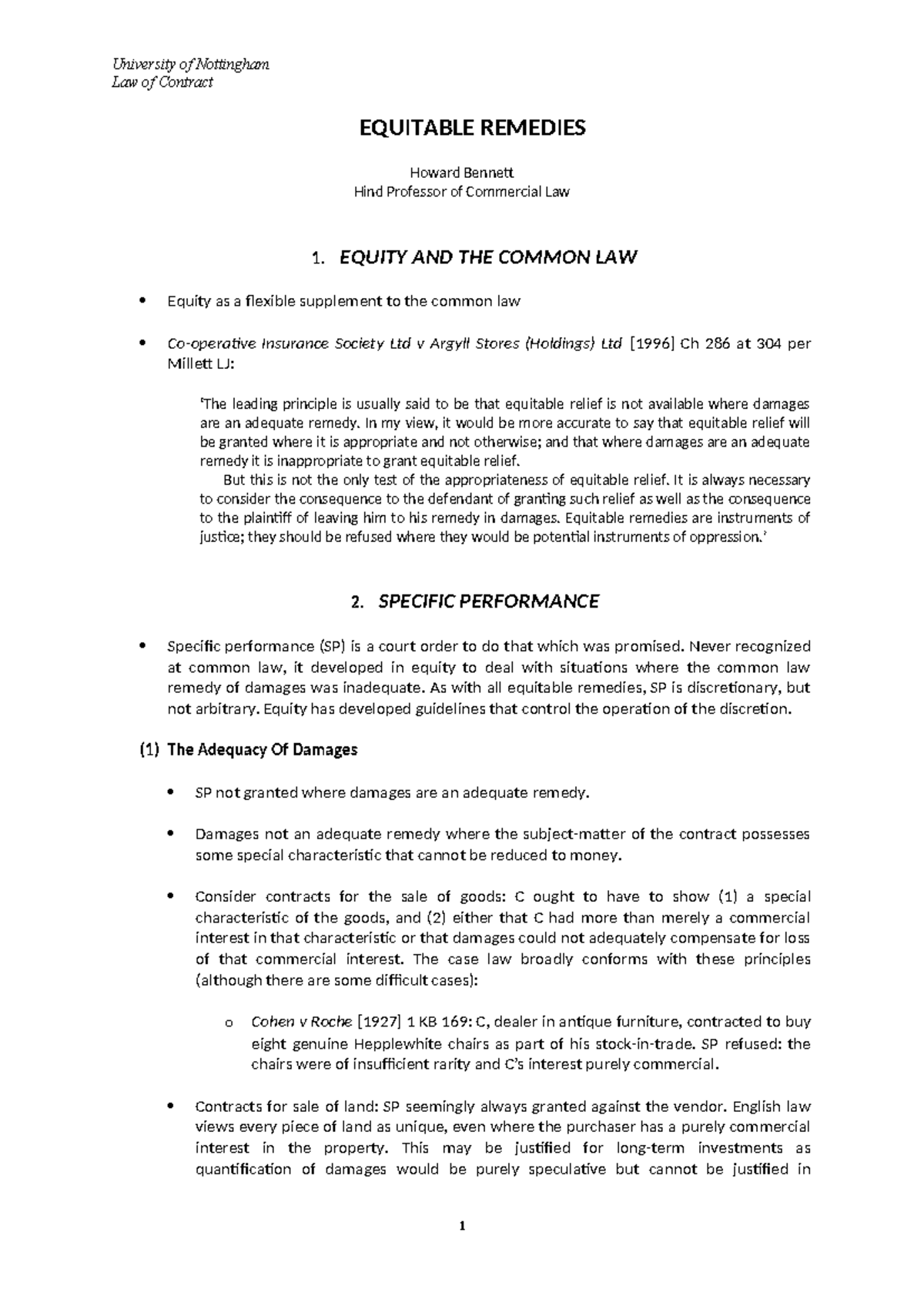 15 Equitable Remedies 2020-2021 - Law of Contract EQUITABLE REMEDIES ...