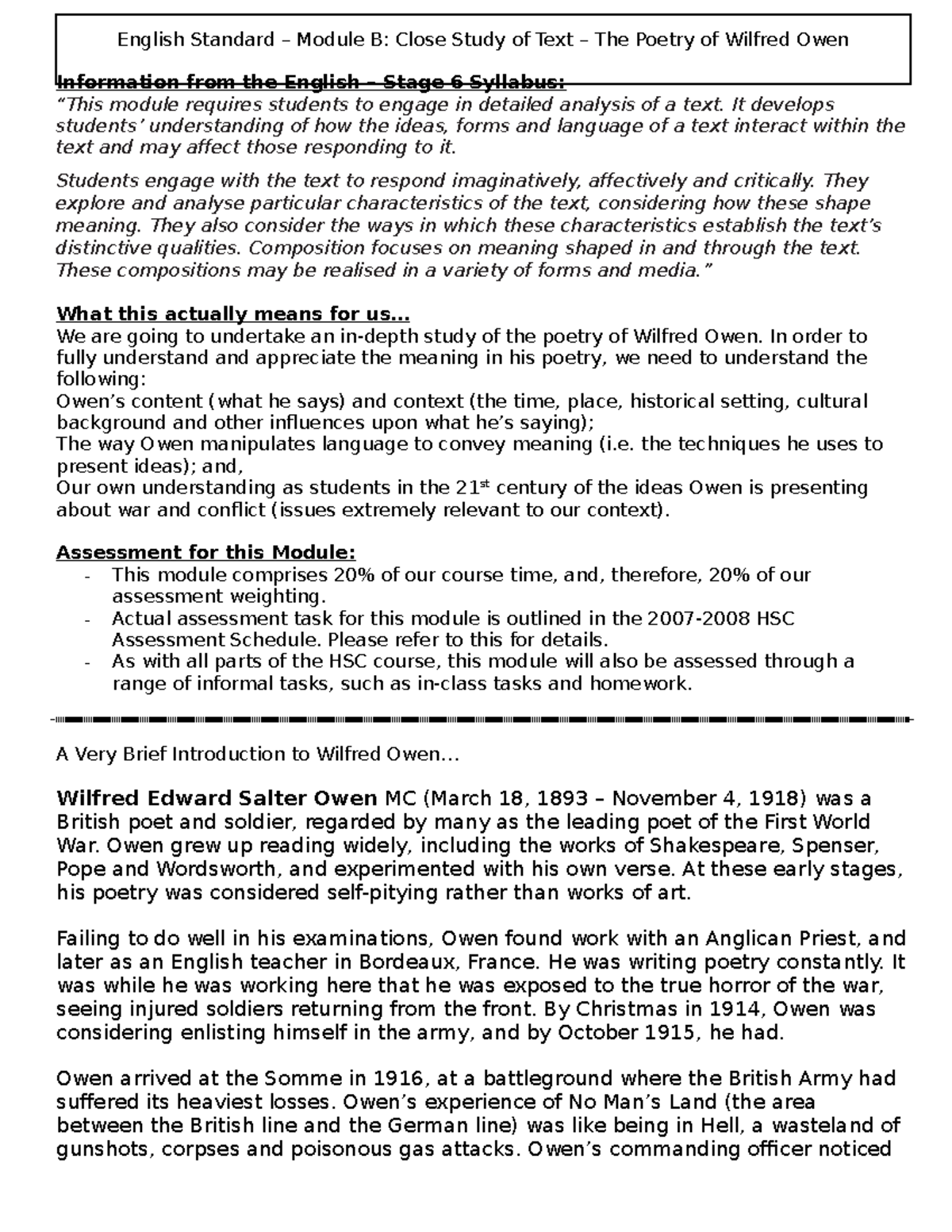 Intro to module and owen - English Standard – Module B: Close Study of Text – The Poetry of ...