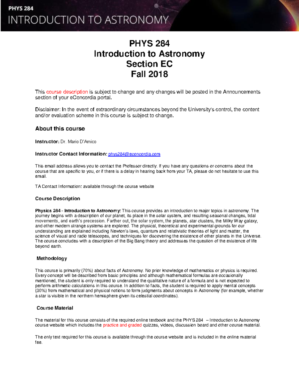 Course Outline - Fall 2018 - PHYS 284 Introduction to Astronomy Section ...