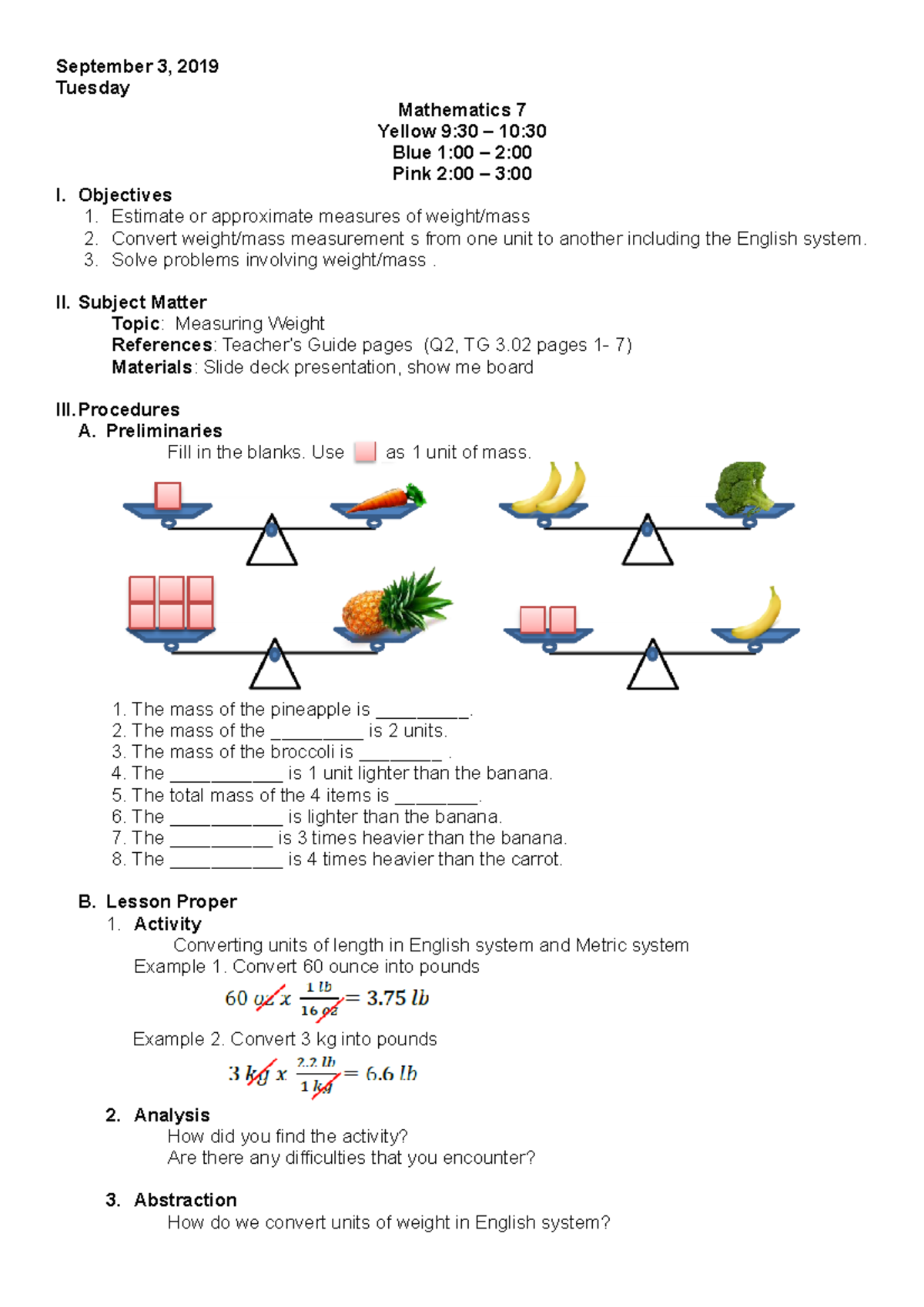 Aug 29. g7 - Math class - September 3, 2019 Tuesday Mathematics 7 ...