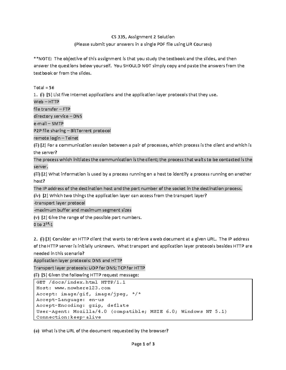 Asg 2 solution - Assignment for students - Page 1 of 3 CS 335, Assignment 2 Solution (Please ...