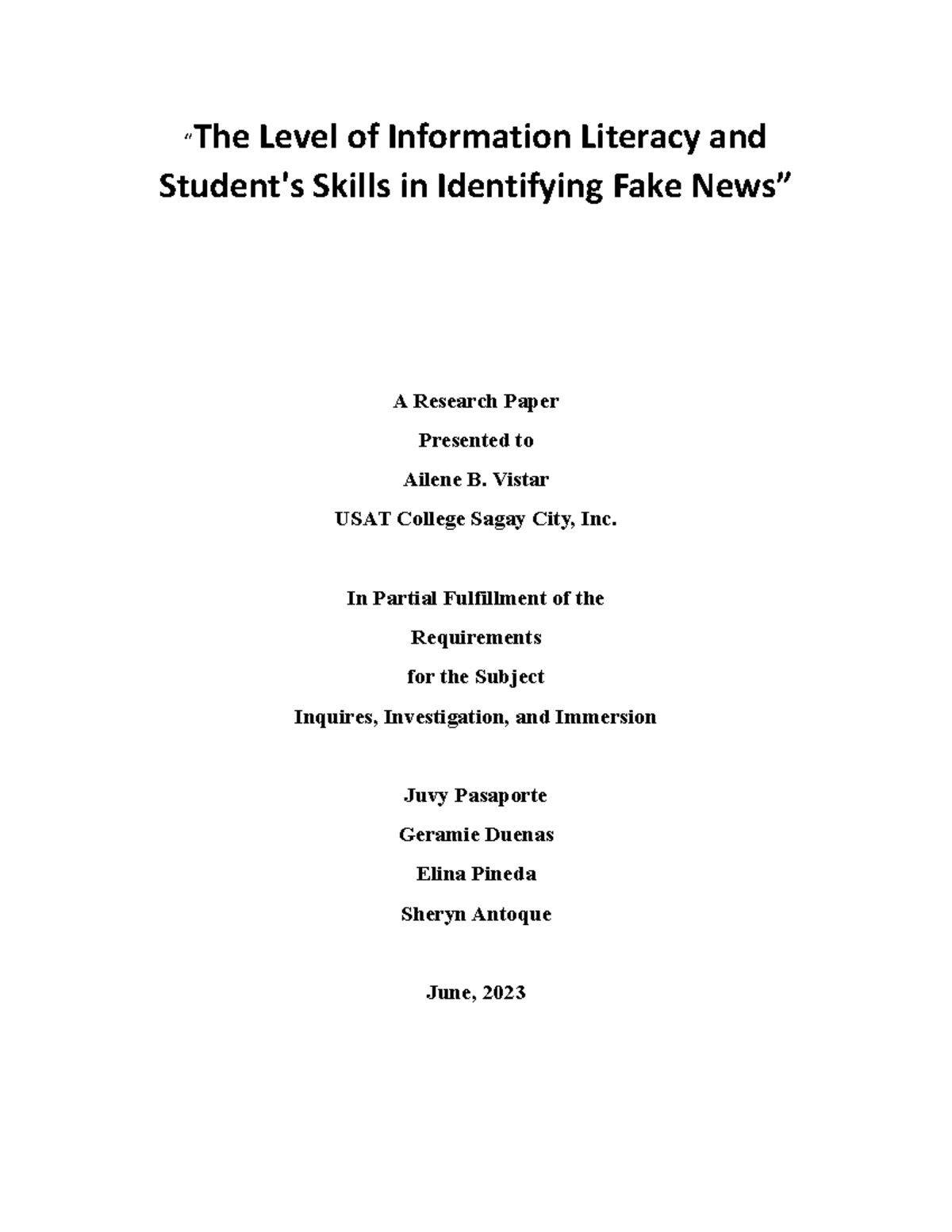 FULL Research( Group 5) - “The Level of Information Literacy and ...