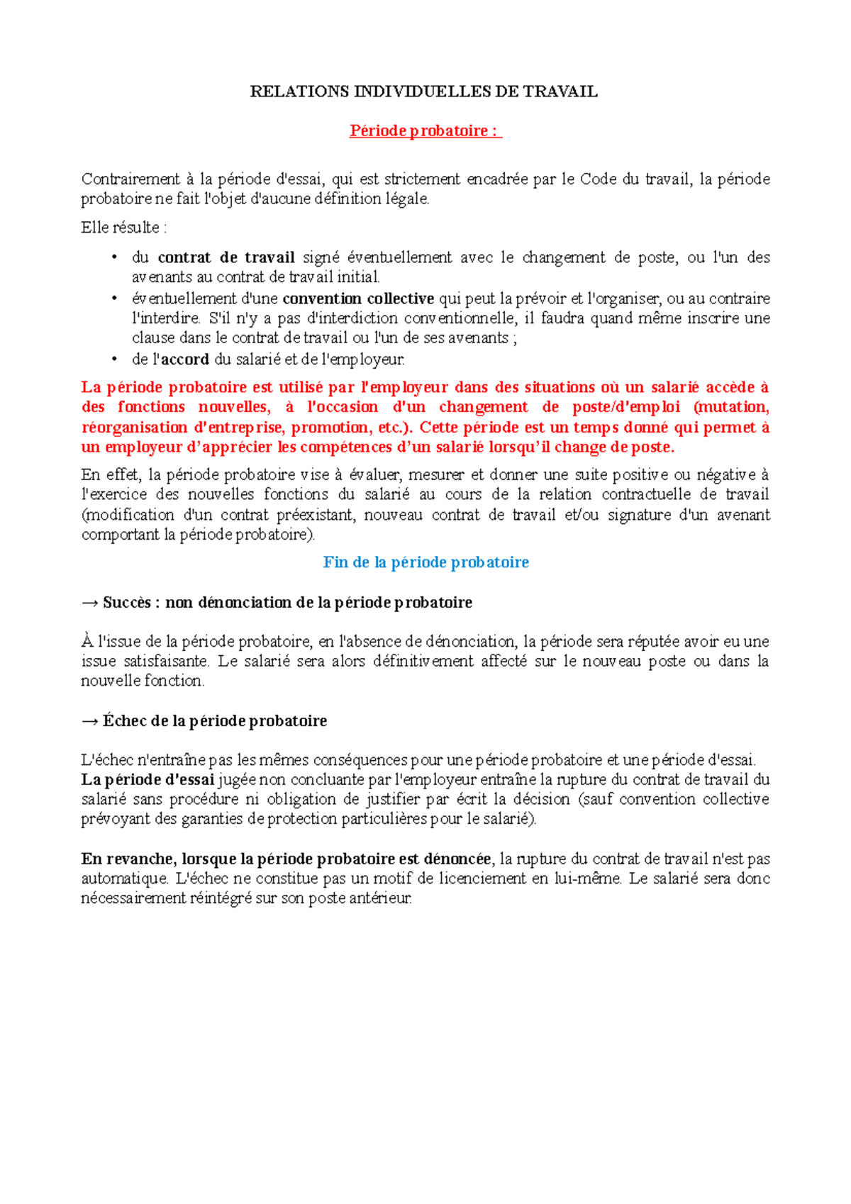 Période probatoire - Résumé Droit social - RELATIONS INDIVIDUELLES DE ...