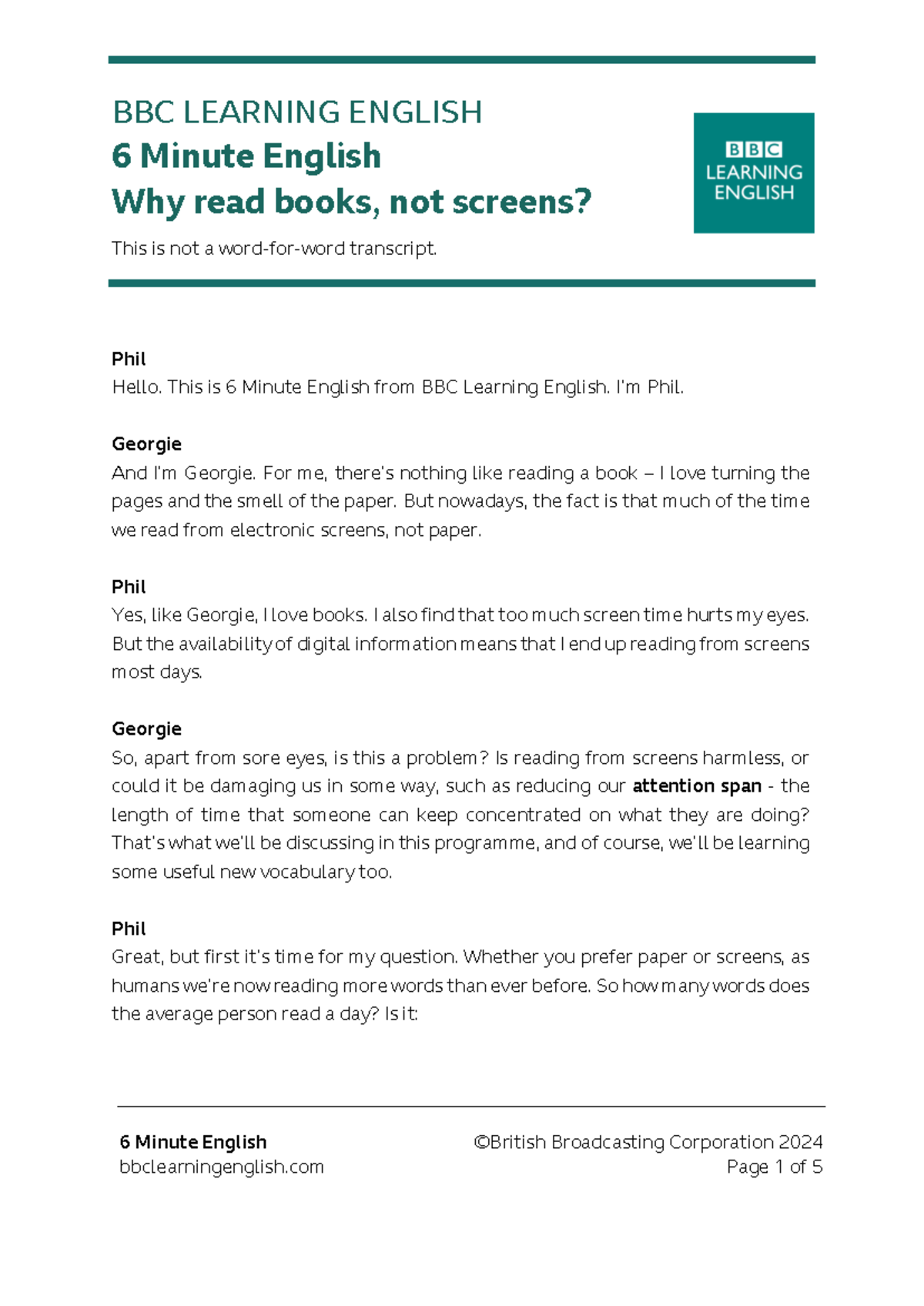 240725 6 minute english why read books not screens - BBC LEARNING ...