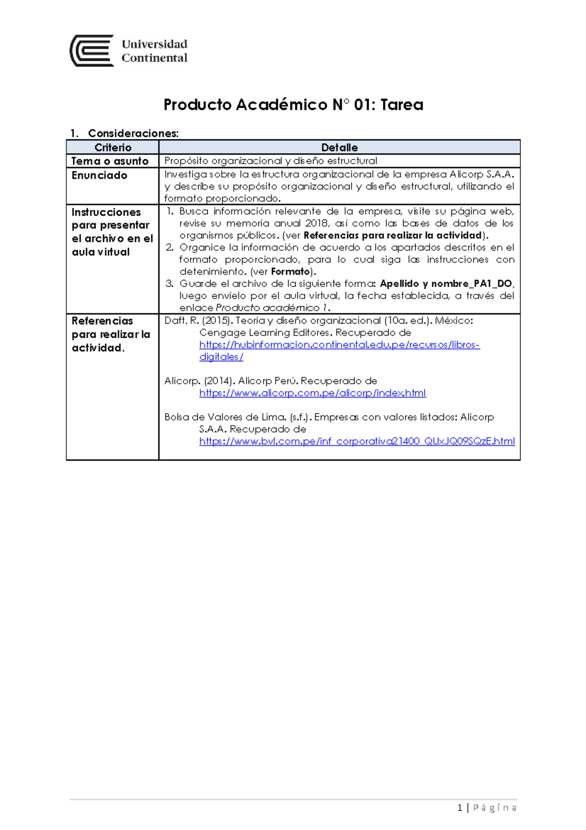 Producto Académico finalll - Producto Académico N° 01: Tarea Consideraciones: Criterio Detalle ...