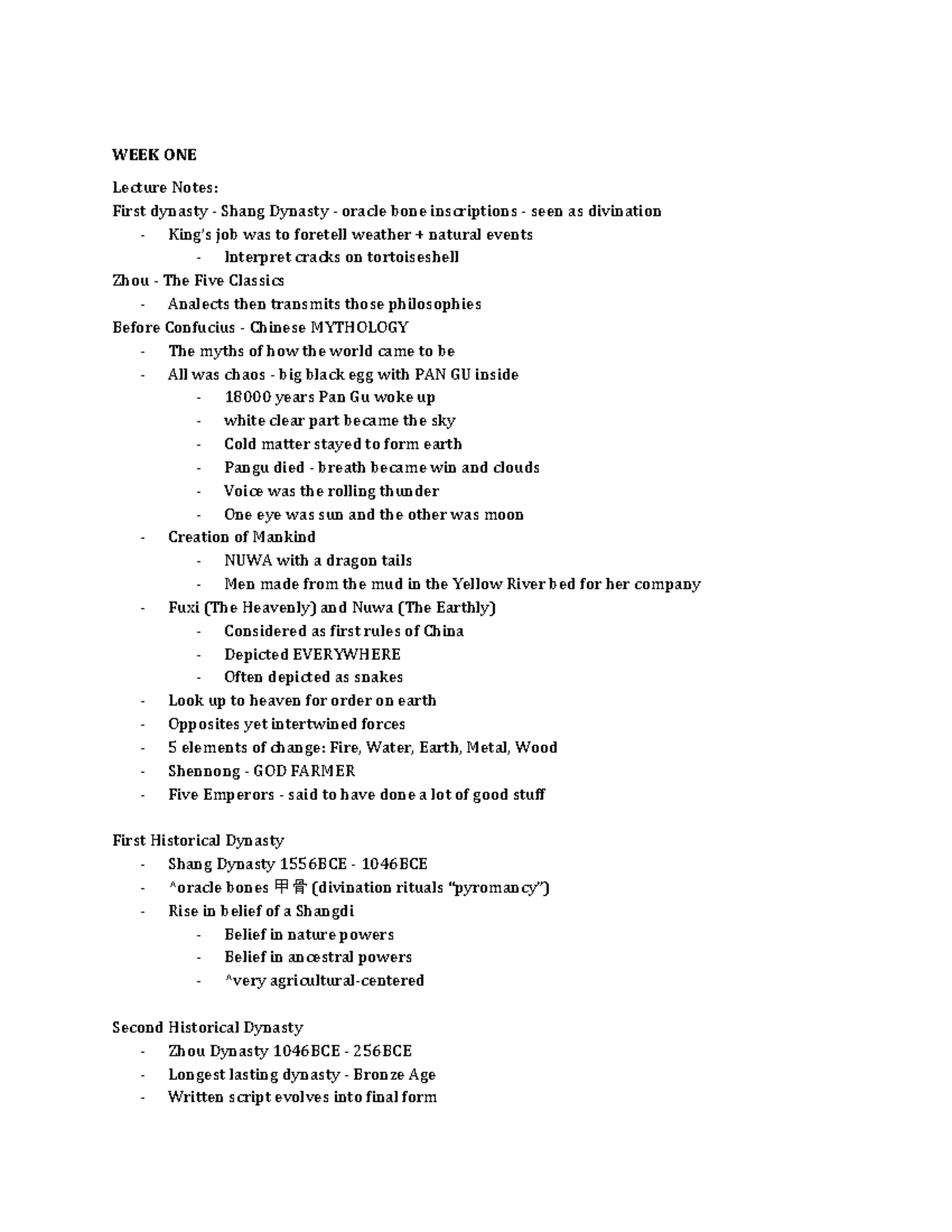 EALC 110-The Great Tradition - WEEK ONE Lecture Notes: First dynasty ...