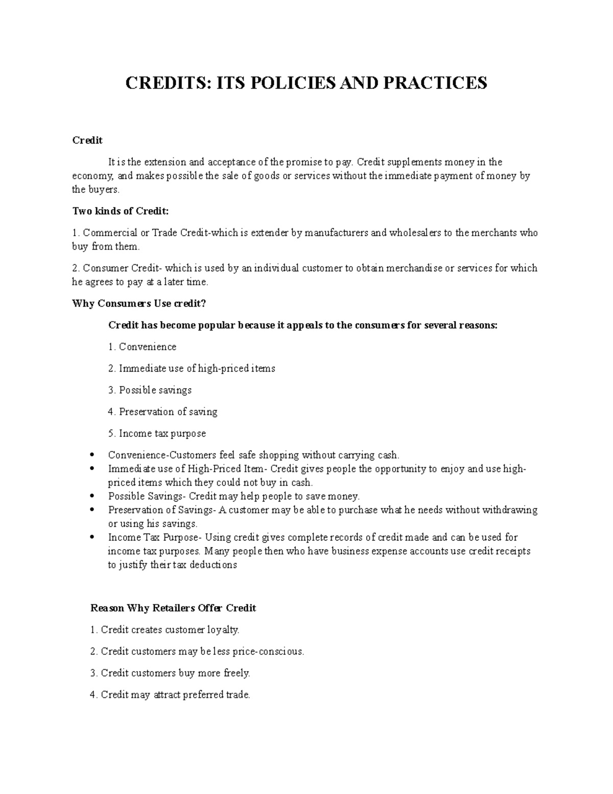 Credits Policies and Practices - CREDITS: ITS POLICIES AND PRACTICES ...