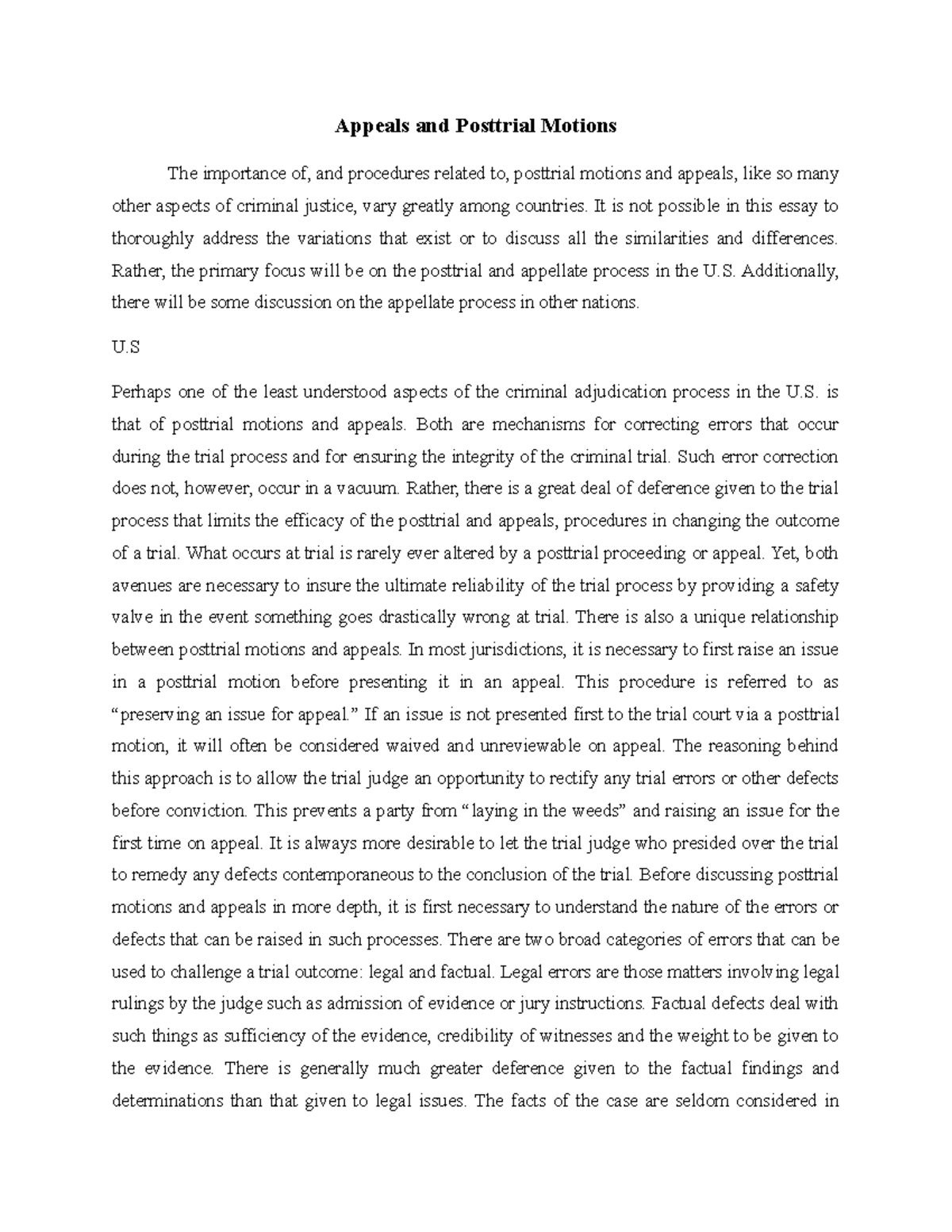 Appeals and Posttrial Motions - It is not possible in this essay to ...