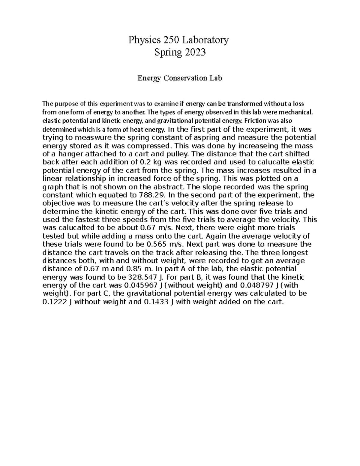 Energy Conservation Lab - Physics 250 Laboratory Spring 2023 Energy ...
