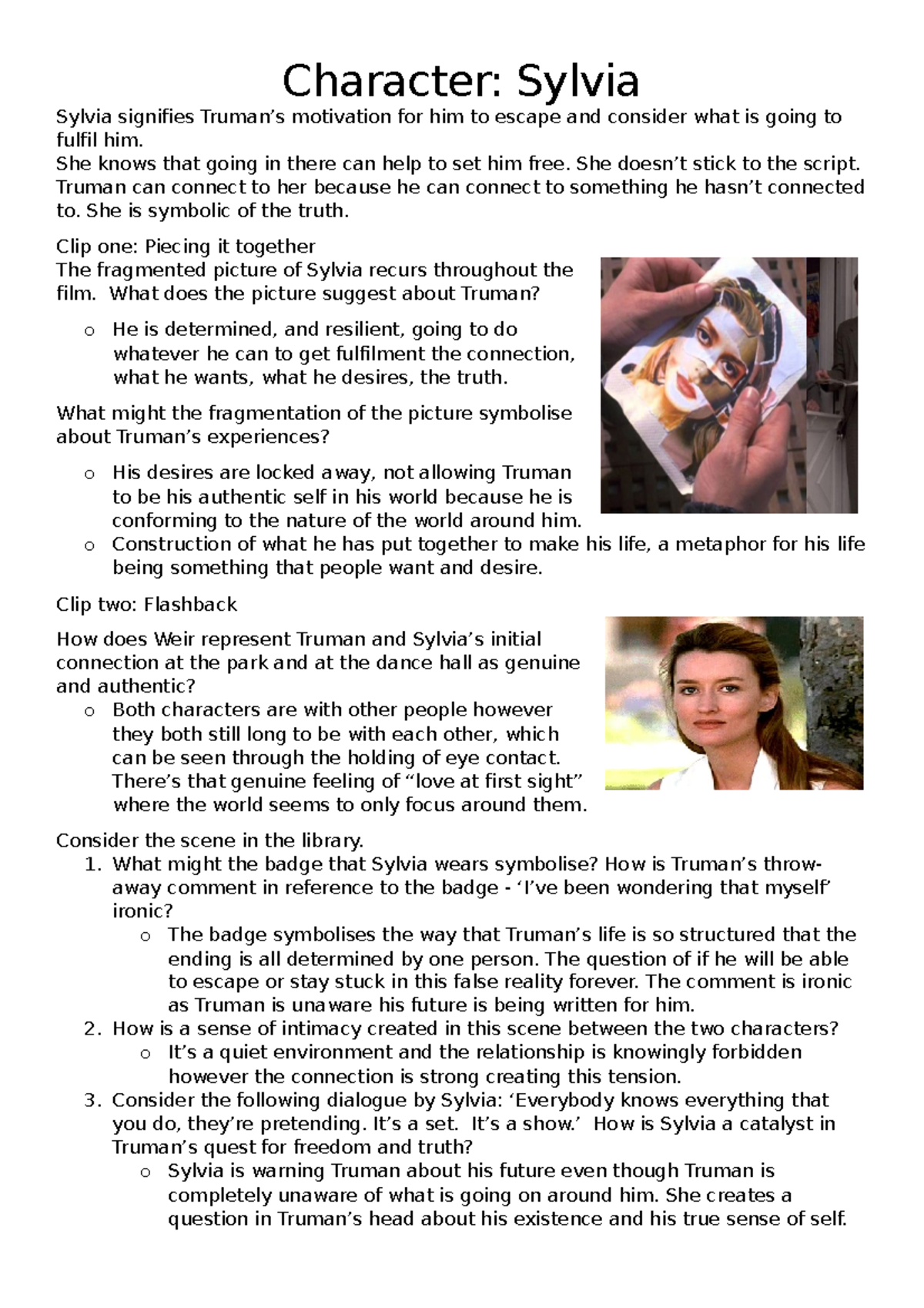 Sylvia - Year 12 English - Module B The Truman Show - Character ...