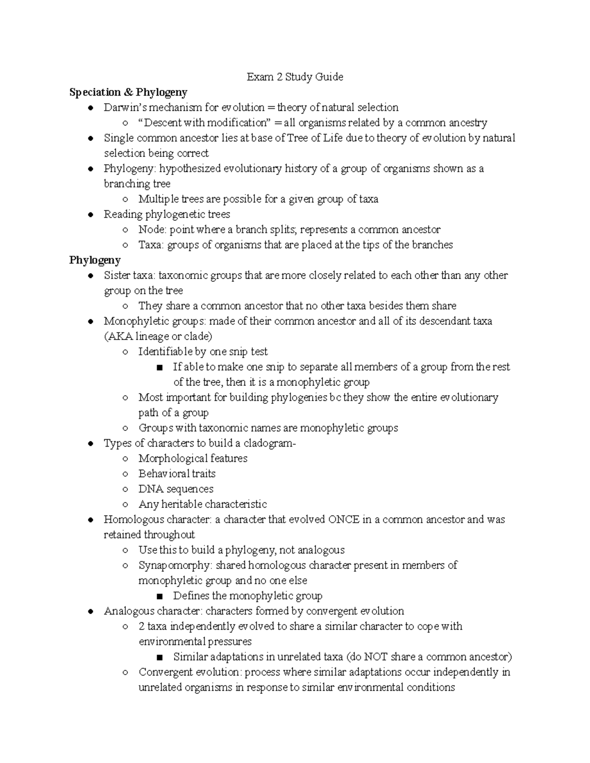 Exam 2 Study Guide - Exam 2 Study Guide Speciation Phylogeny mechanism ...