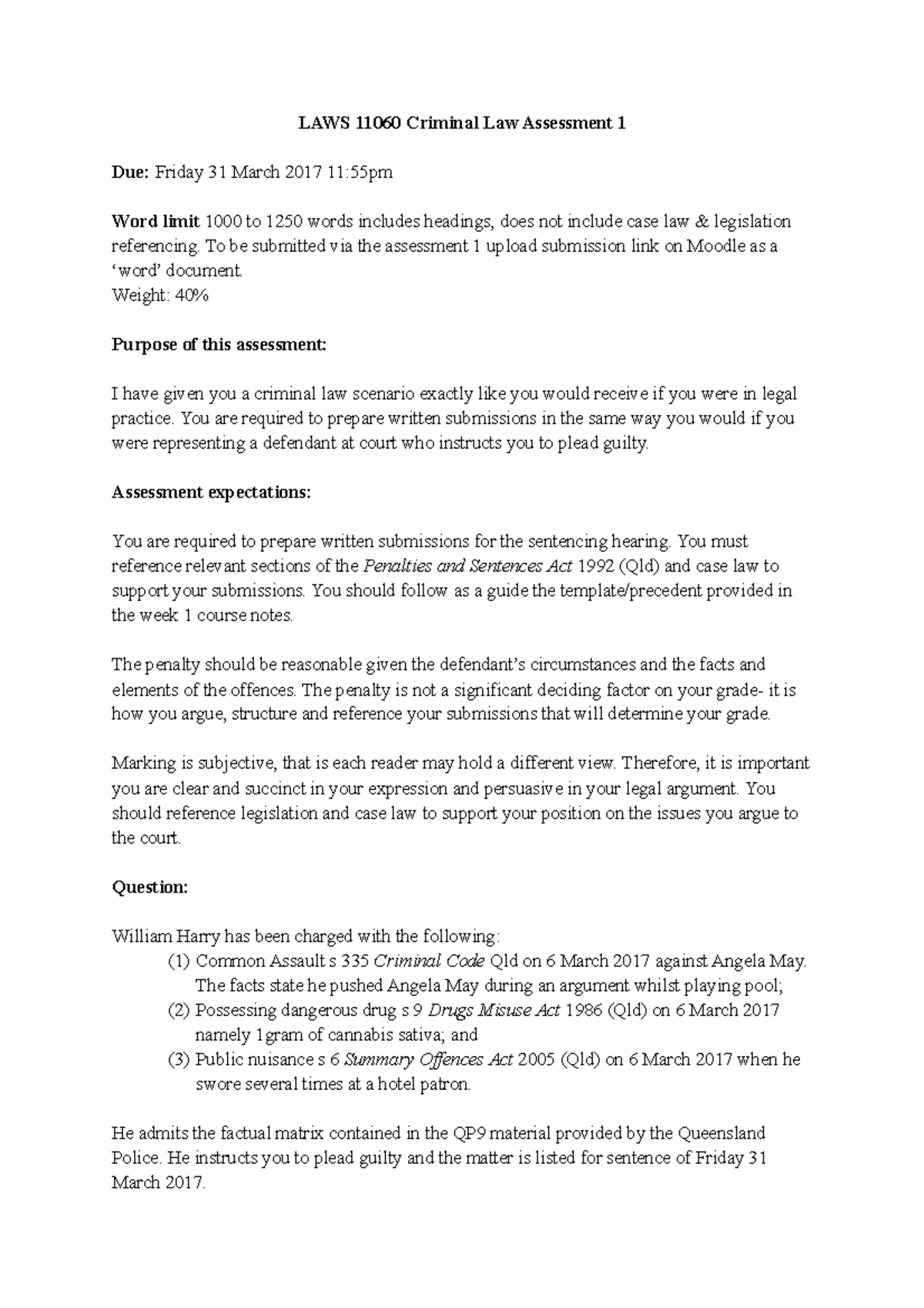 Assignment 1 Question - LAWS 11060 Criminal Law Assessment 1 Due ...