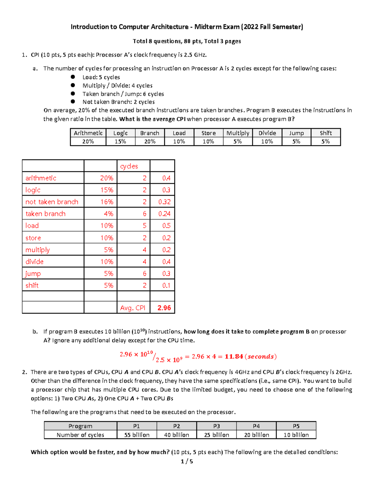 2022f midterm with Answers - Introduction to Computer Architecture - Midterm Exam (2022 Fall ...