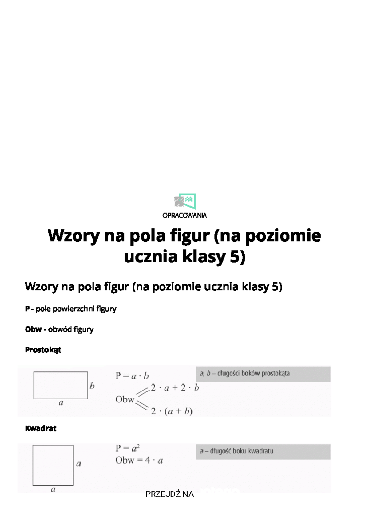 Wzory na pola figur (na poziomie ucznia klasy 5) - Matematyka ...