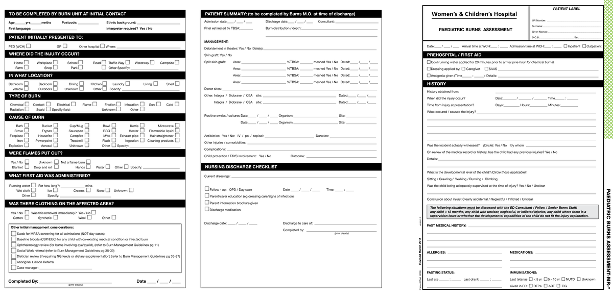 Burns assessment form - Physiology - PAEDIATRIC BURNS ASSESSMENT ...