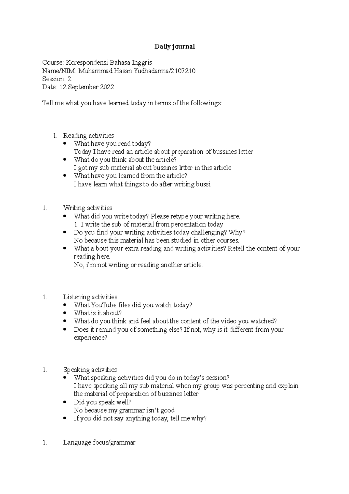 Daily journal at English Course to reflect student's understanding ...