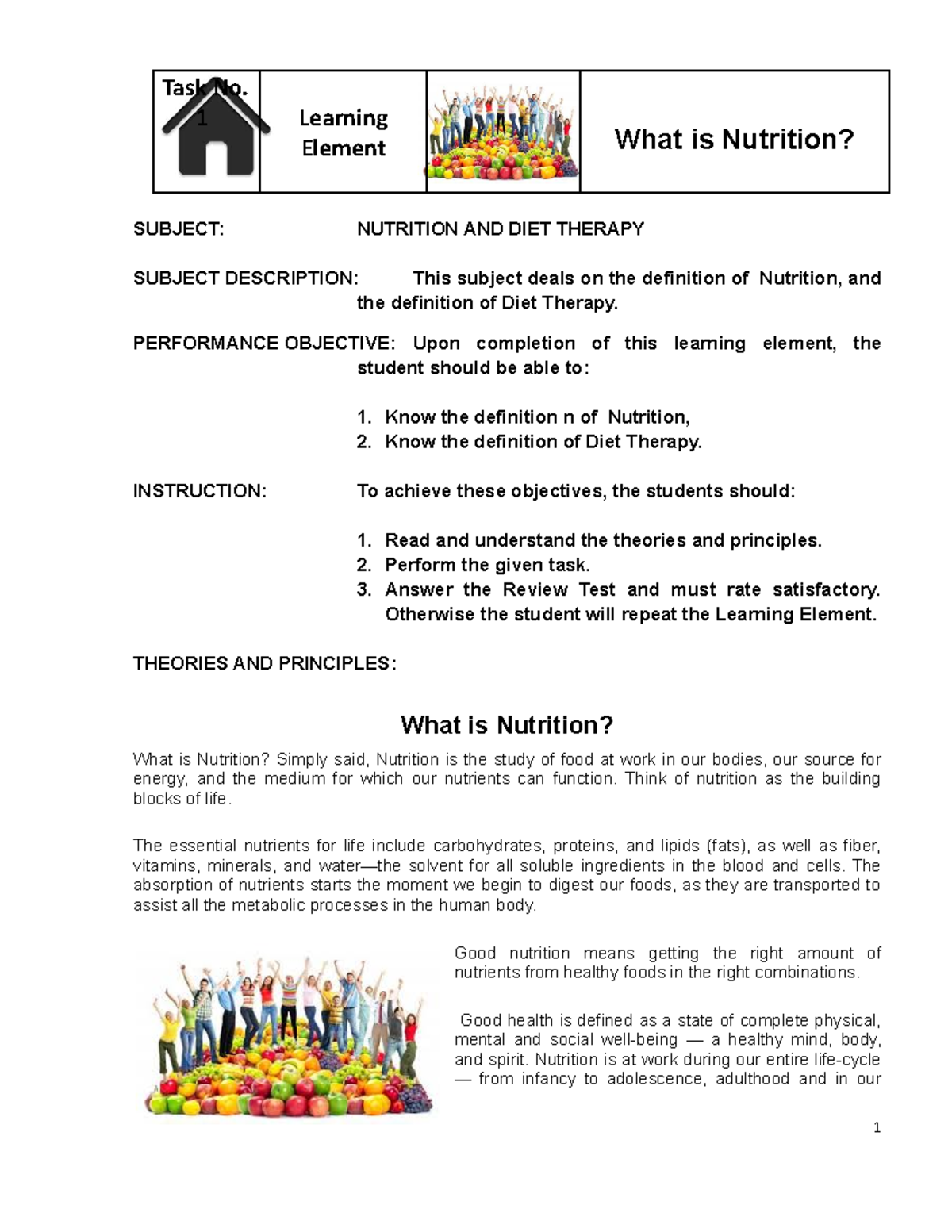 Learning element on nutrition 2018 - Task No. 1 Learning Element What ...