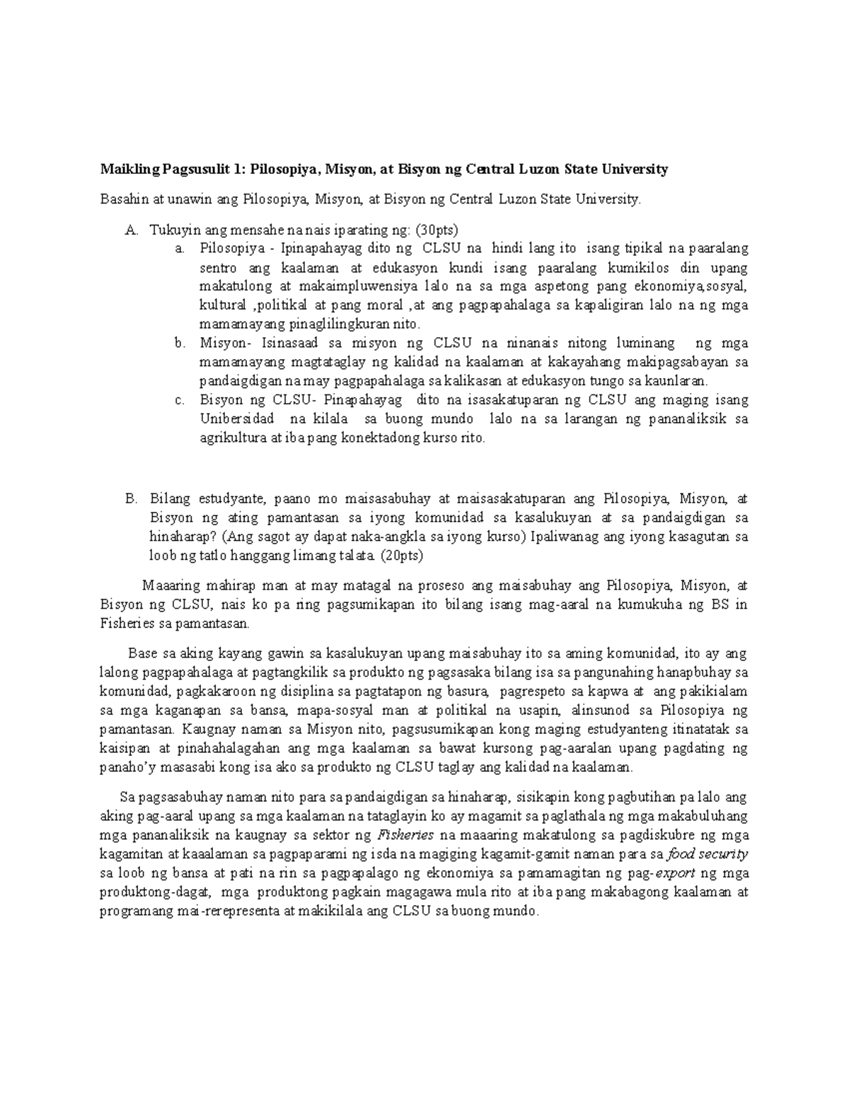 Pilosopiya,Misyon,Bisyon - Maikling Pagsusulit 1: Pilosopiya, Misyon ...