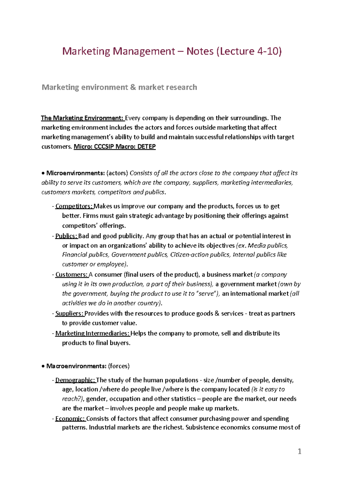 Marketing Management Lecture Notes - Marketing Management – Notes ...