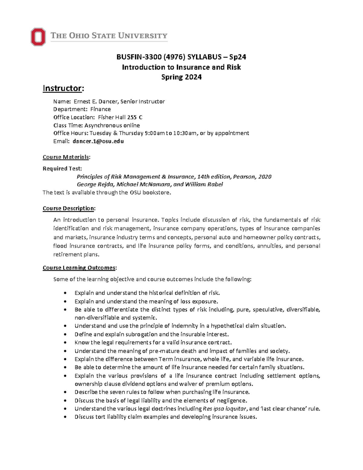 Busfin 3300 (4976) - Syllabus Sp24 - BUSFIN- 3300 ( 4976 ) SYLLABUS ...