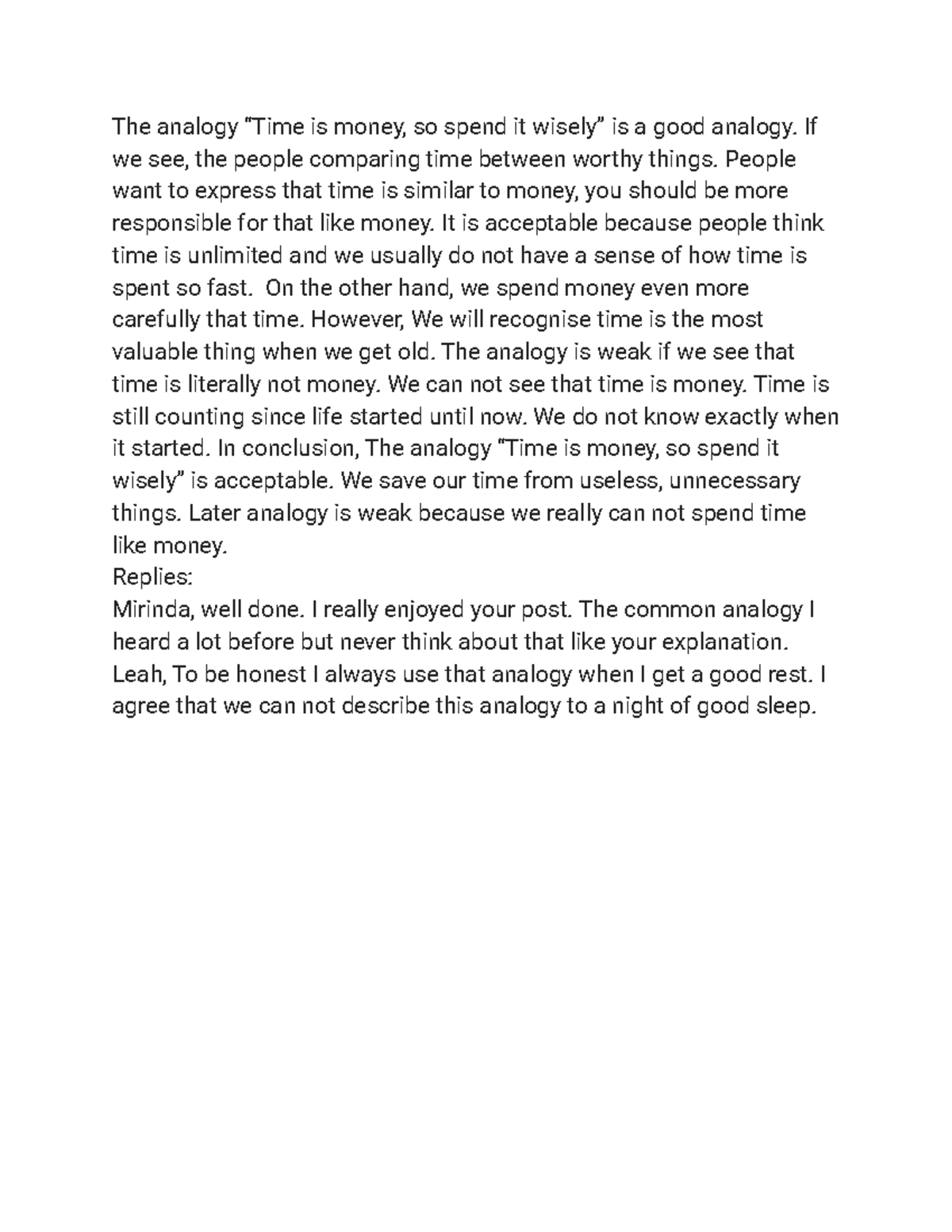 Anology - assignment - The analogy “Time is money, so spend it wisely ...