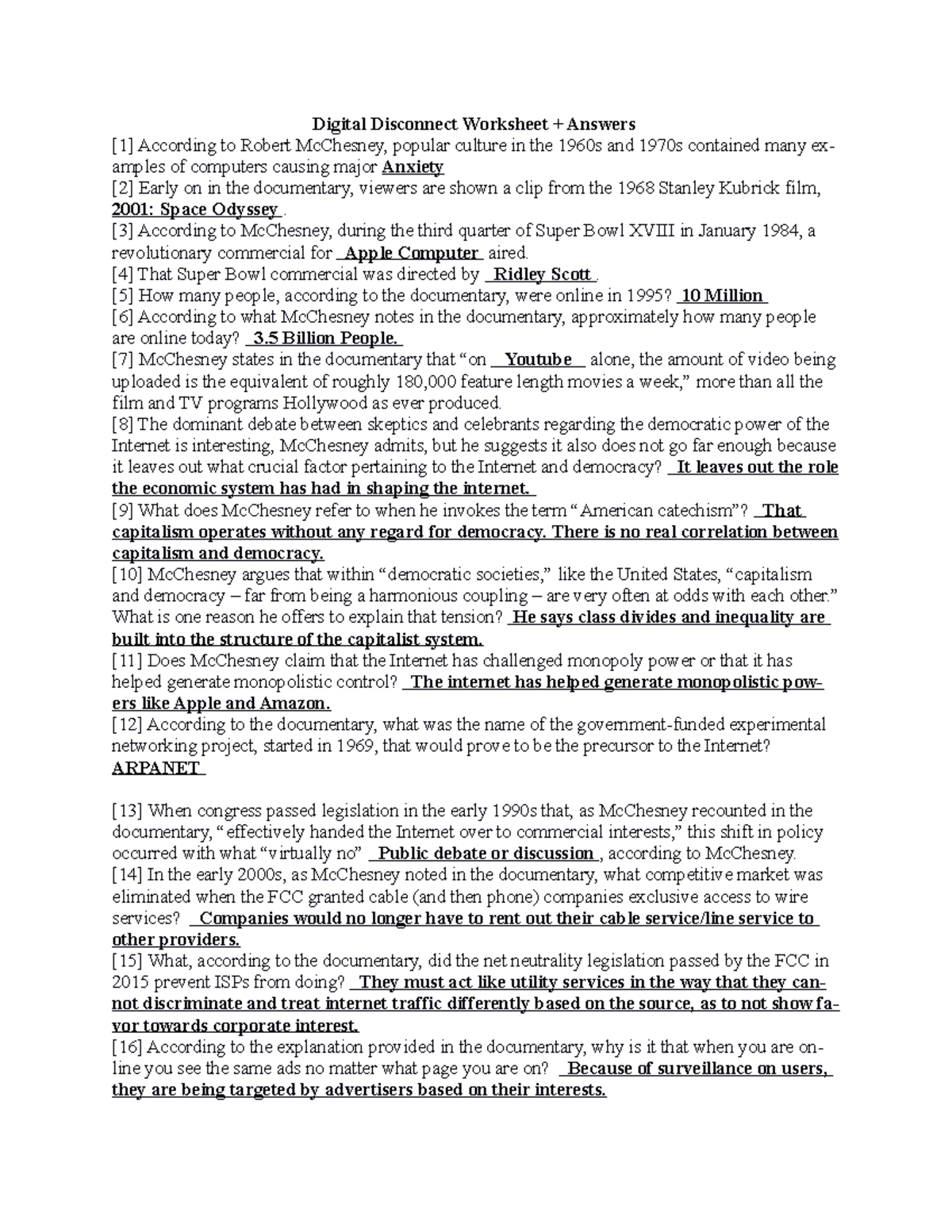 Digital Disconnect Worksheet with Answers - Digital Disconnect ...