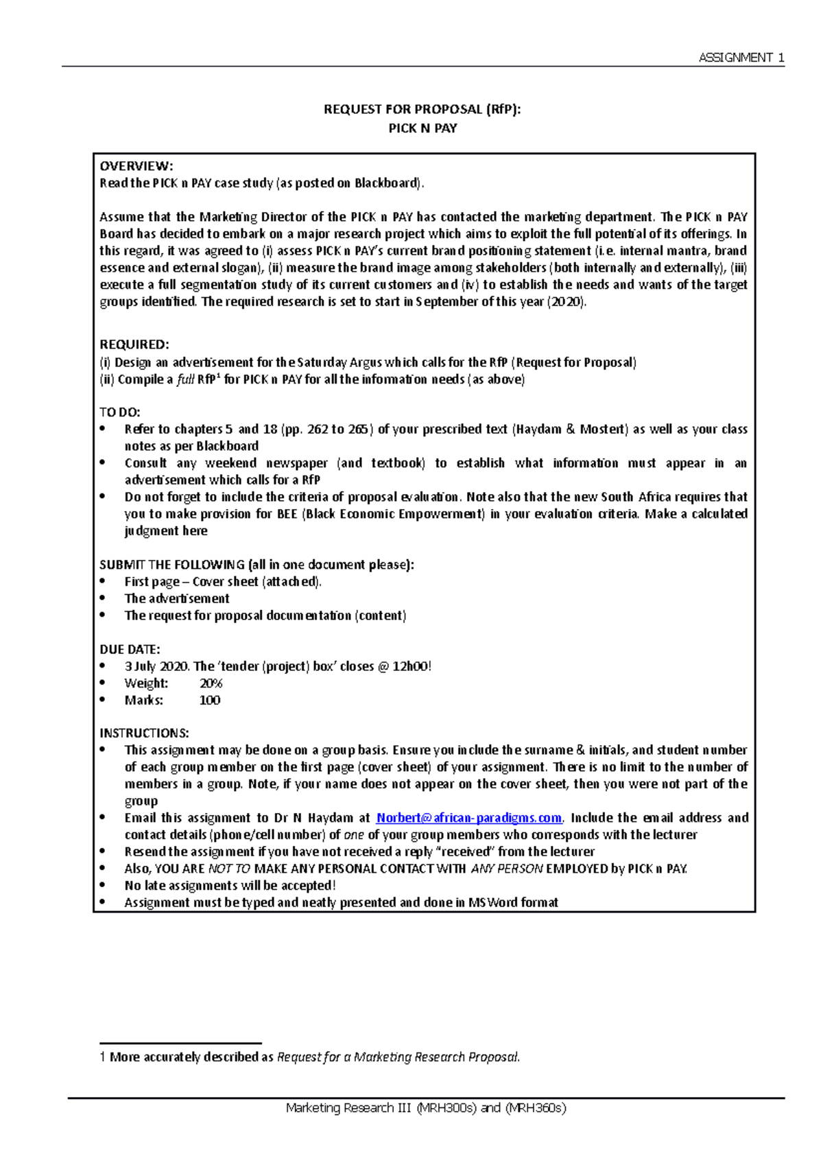 Marketing Research Request proposal - ASSIGNMENT 1 REQUEST FOR PROPOSAL ...