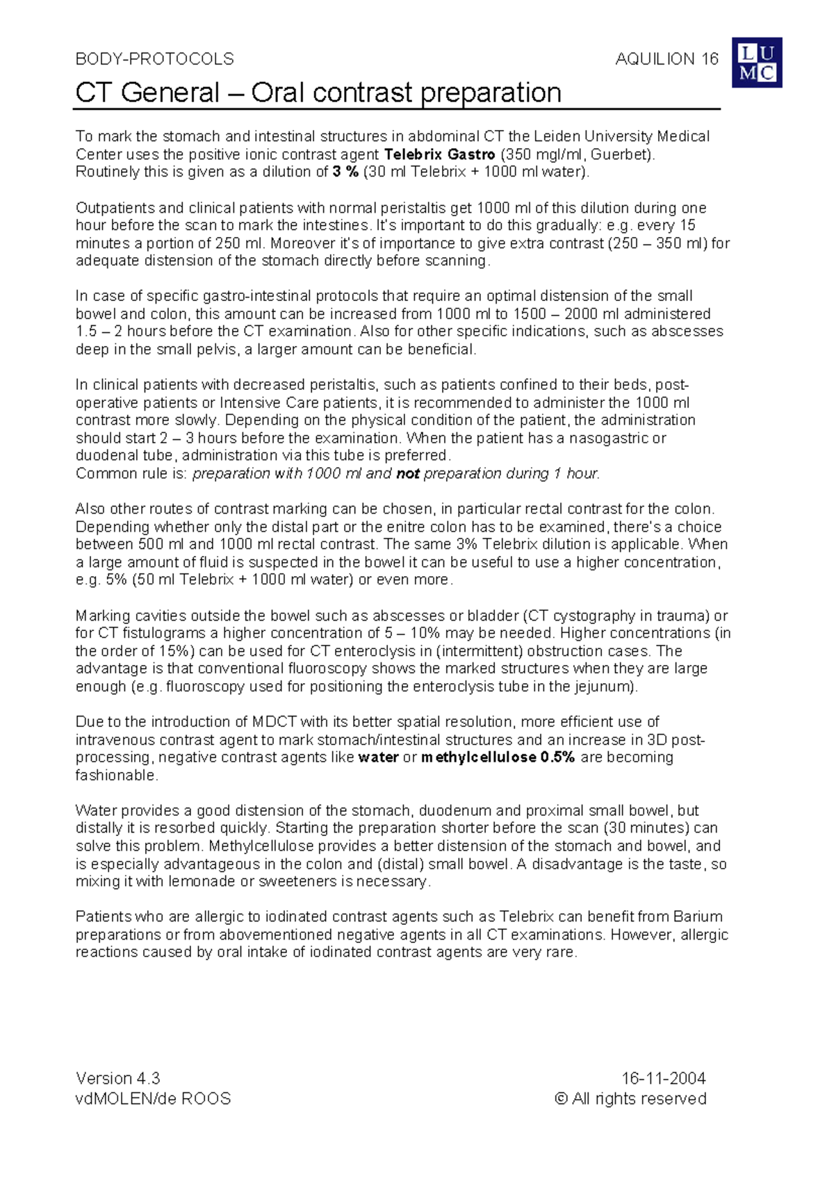 General oralcontrast - contrastes orales - BODY-PROTOCOLS AQUILION 16 ...