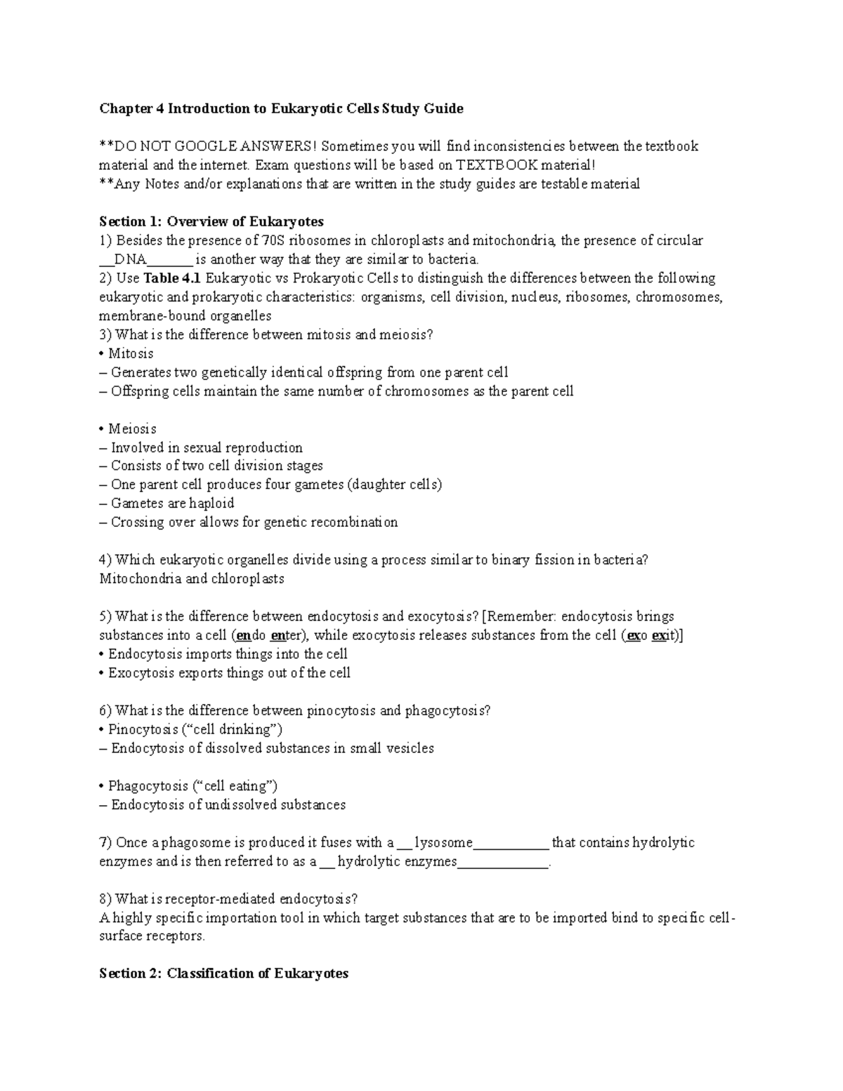 Chapter 4 Introduction to Eukaryotic Cells Study Guide Spring 2023 ...