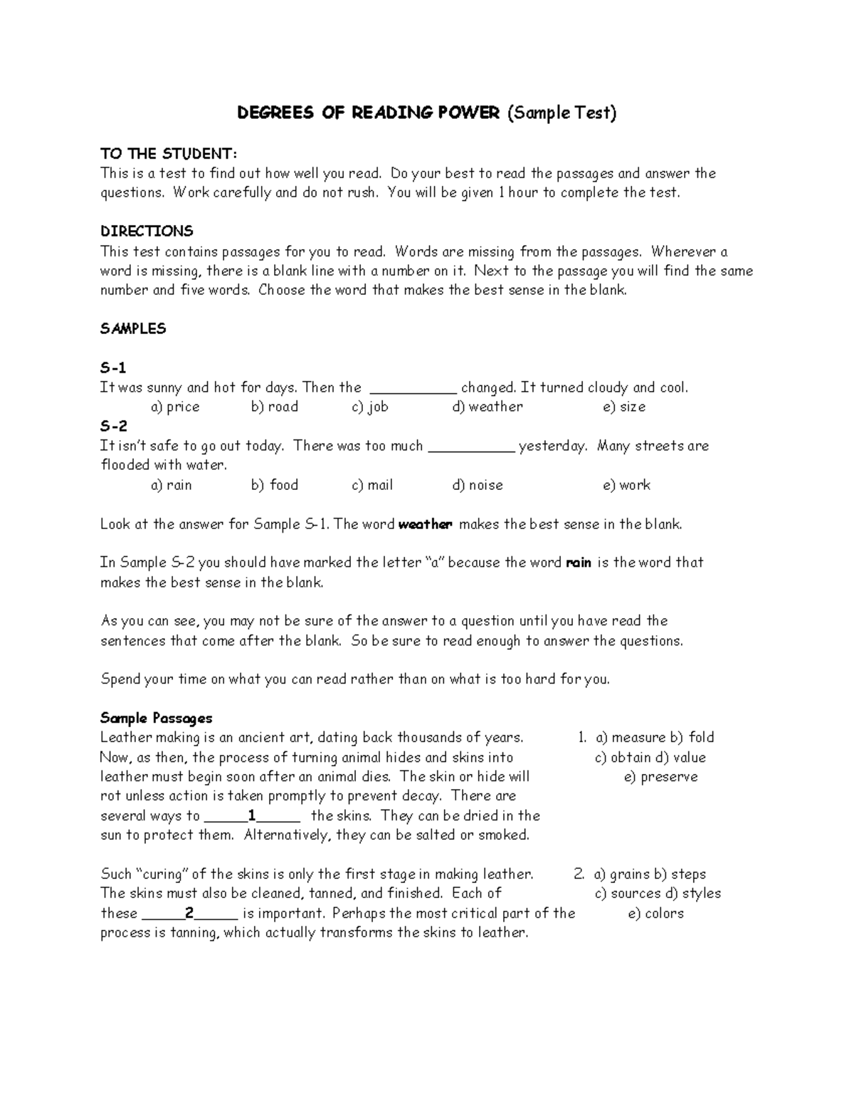 Degrees of Power Reading Sample Test - DEGREES OF READING POWER (Sample ...