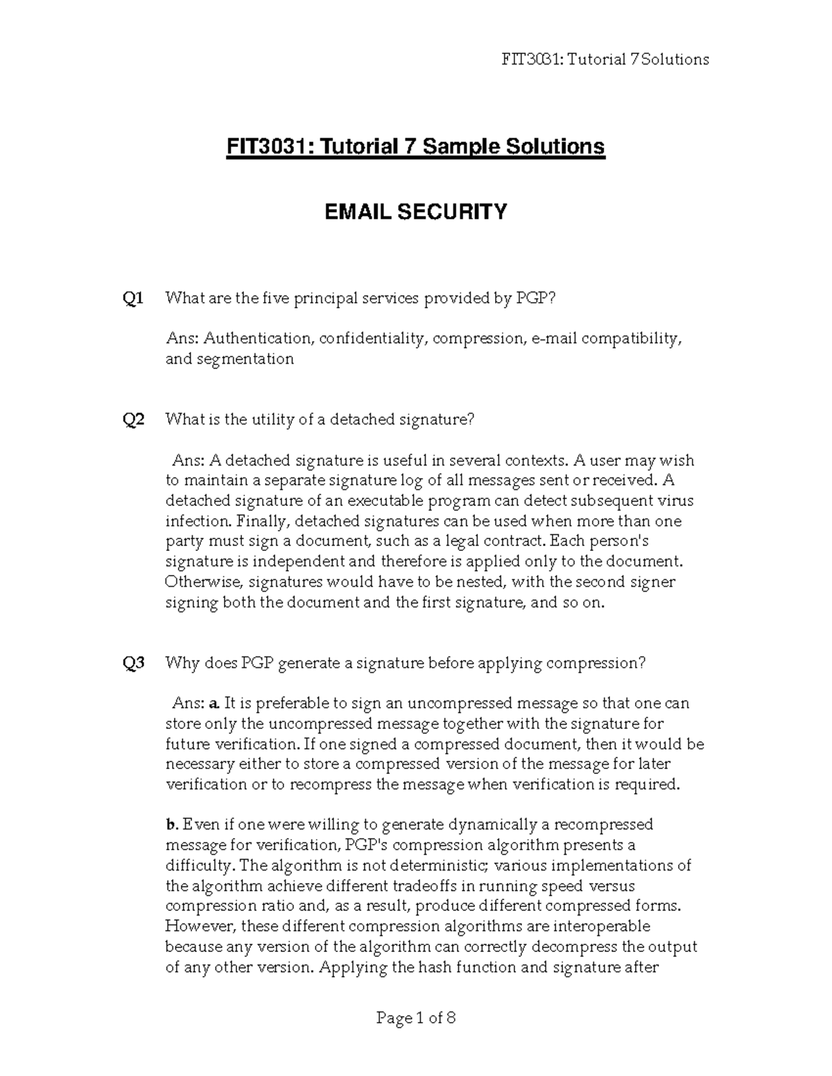 Tutorial 7 Solutions - FIT3031: Tutorial 7 Solutions FIT3031: Tutorial ...