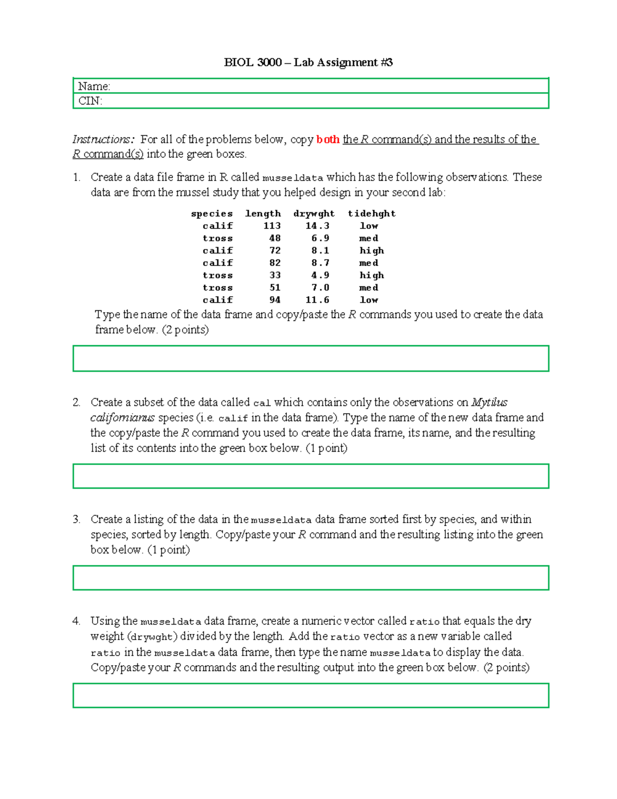 Lab Assignment 3 All From The Notes Biol 3000 Lab Assignment Name Cin Instructions For