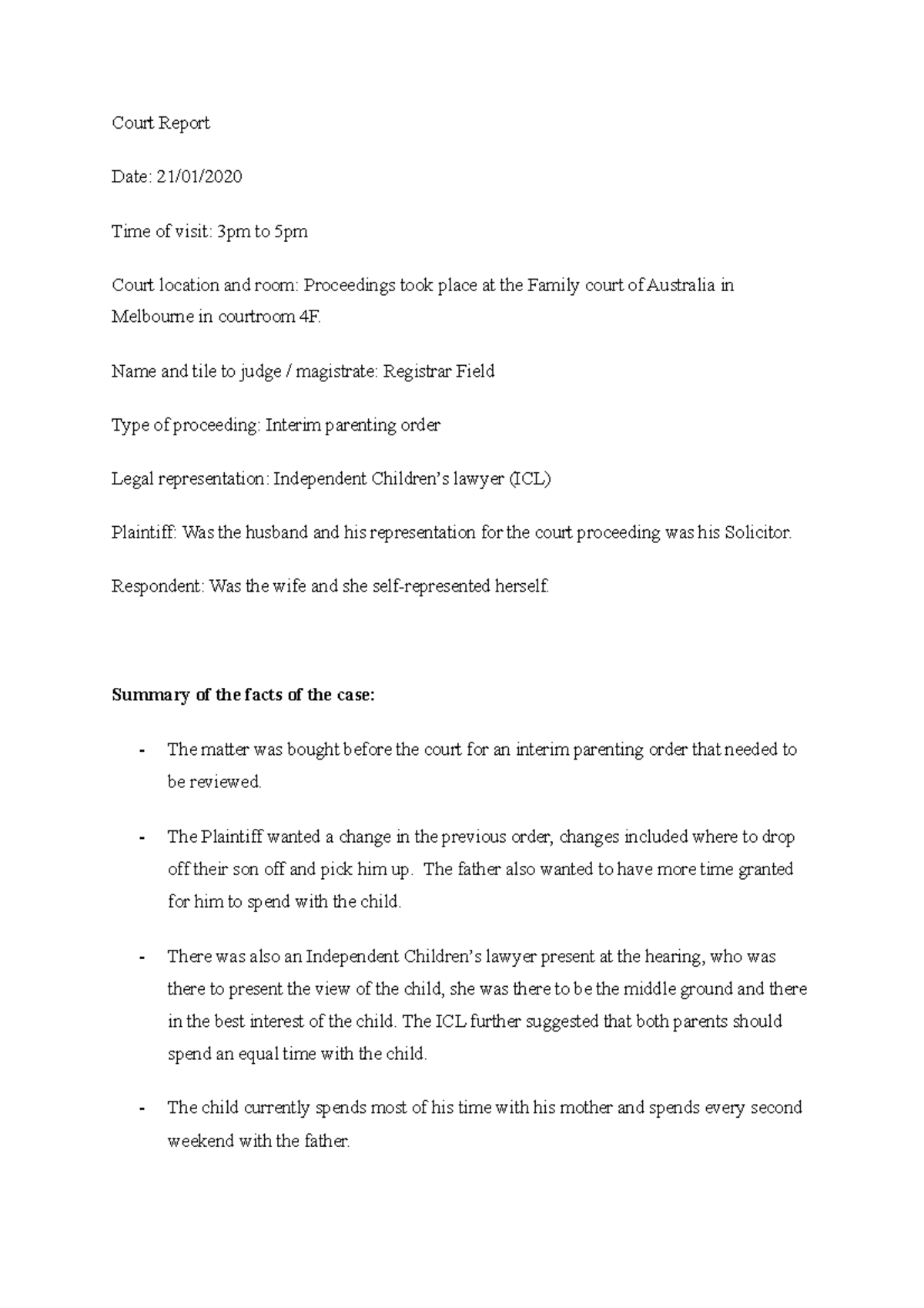 Court Report - memo - Court Report Date: 21/01/ Time of visit: 3pm to ...