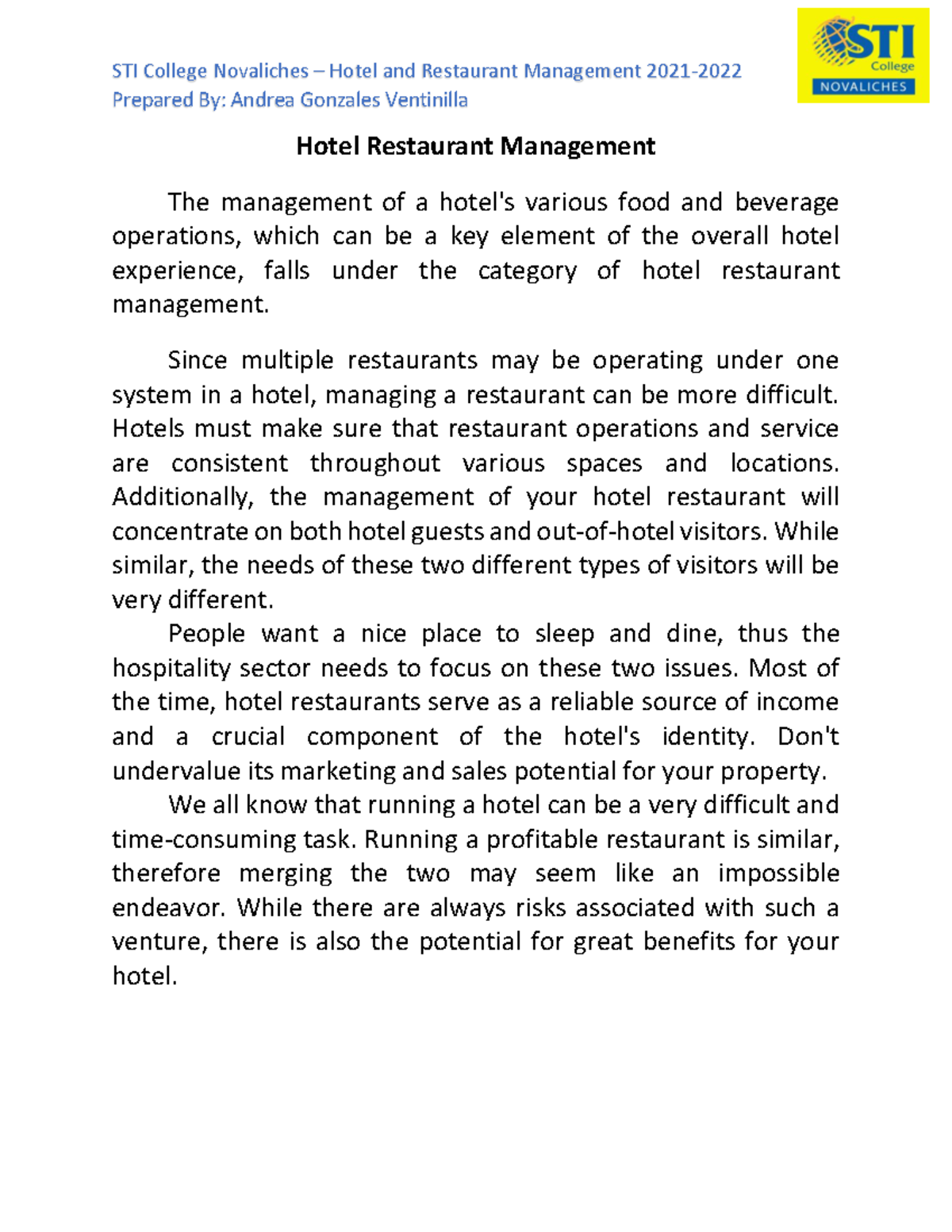 Hotel Restaurant Management - Prepared By: Andrea Gonzales Ventinilla ...