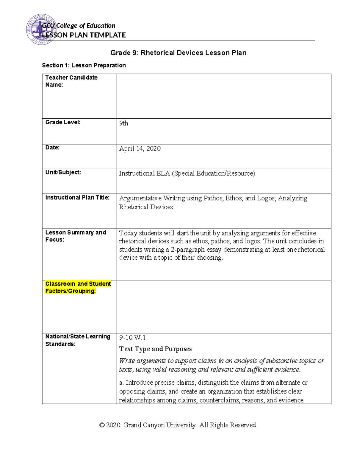 SPD-208 RS T5 Grade 9 Rhetorical Devices Lesson Plan - LESSON PLAN ...