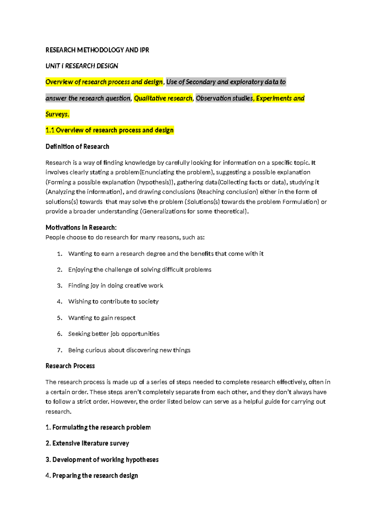 01 Research Methodology AND IPR12 - RESEARCH METHODOLOGY AND IPR UNIT I ...