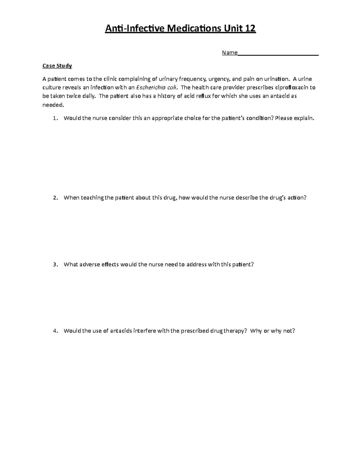 Anti-Infective Worksheet - Anti-Infective Medications Unit 12 Name