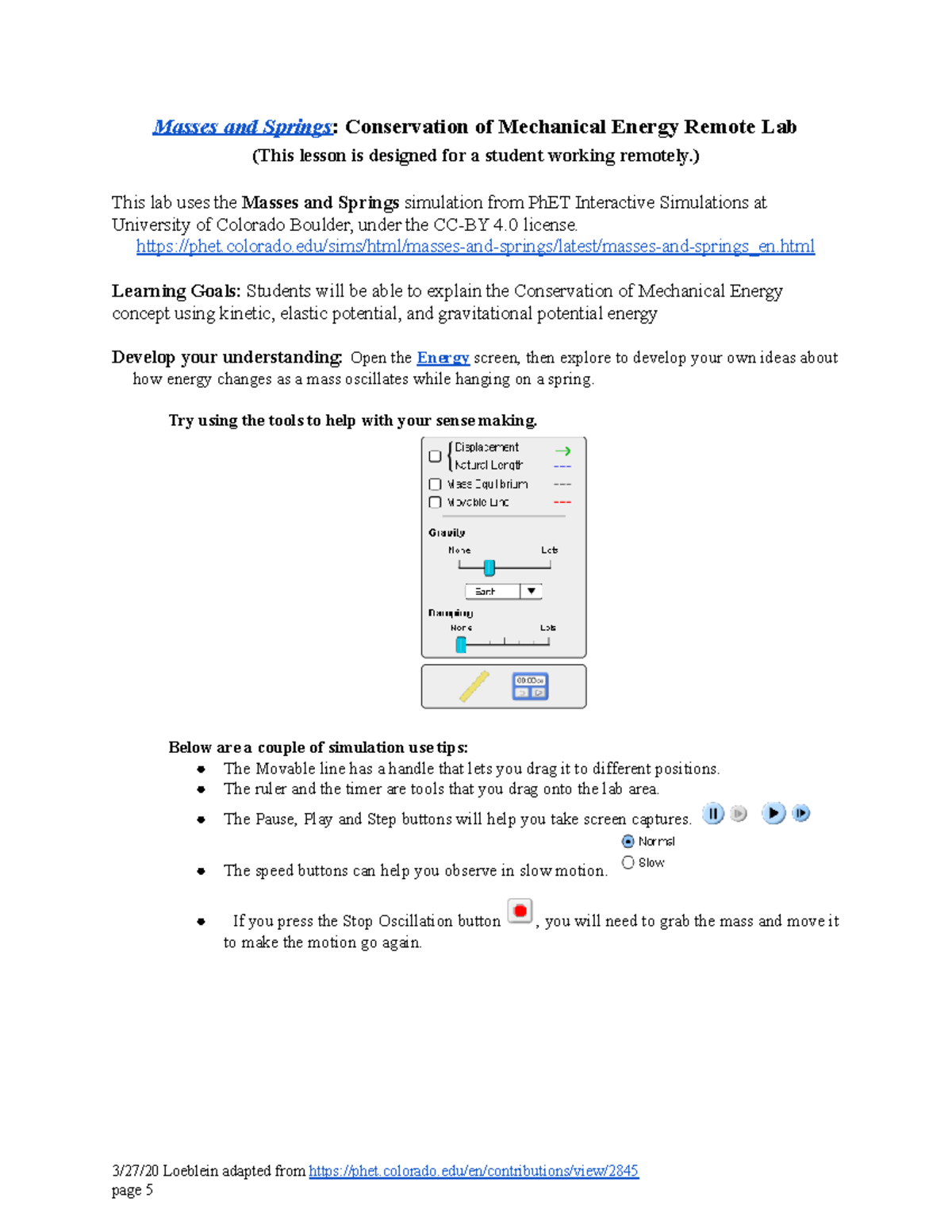 Masses and Springs Conservation of Energy Remote Lab - Masses and ...