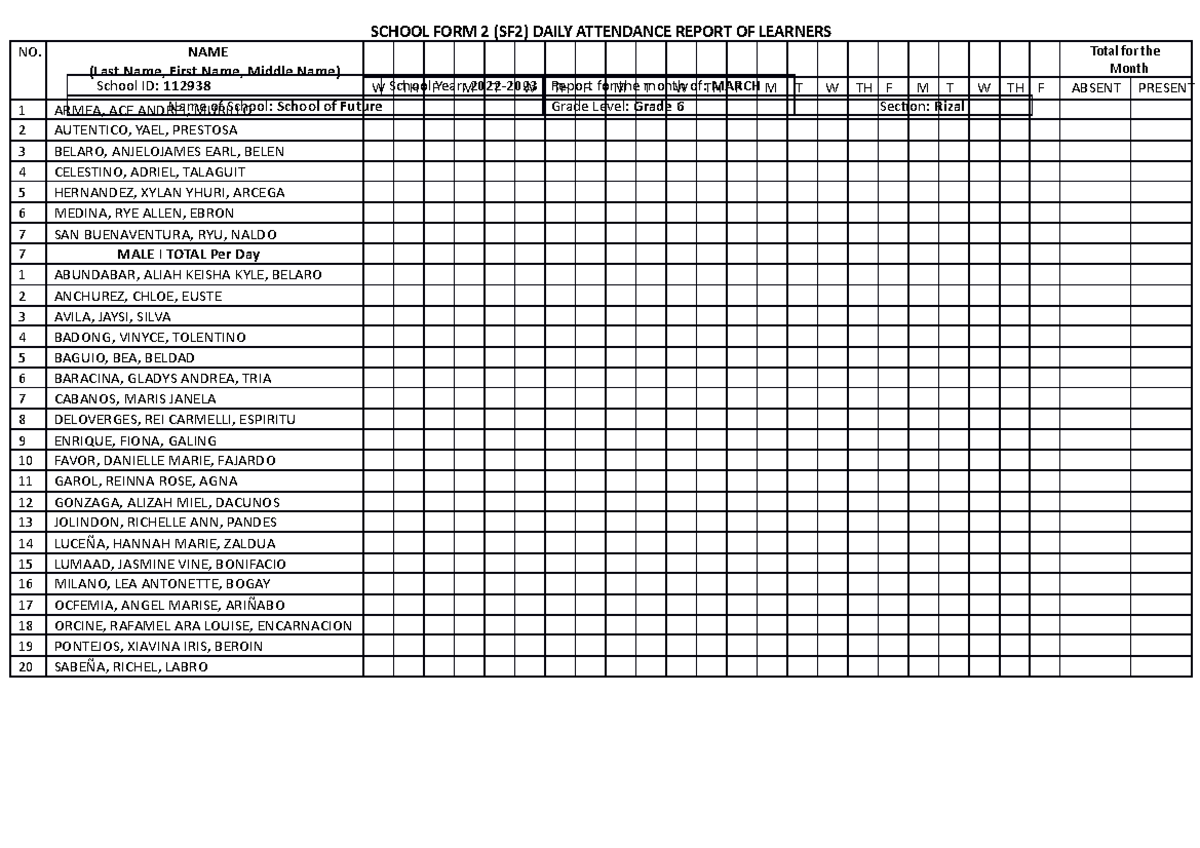 March Practice Material SCHOOL FORM 2 SF2 DAILY ATTENDANCE REPORT