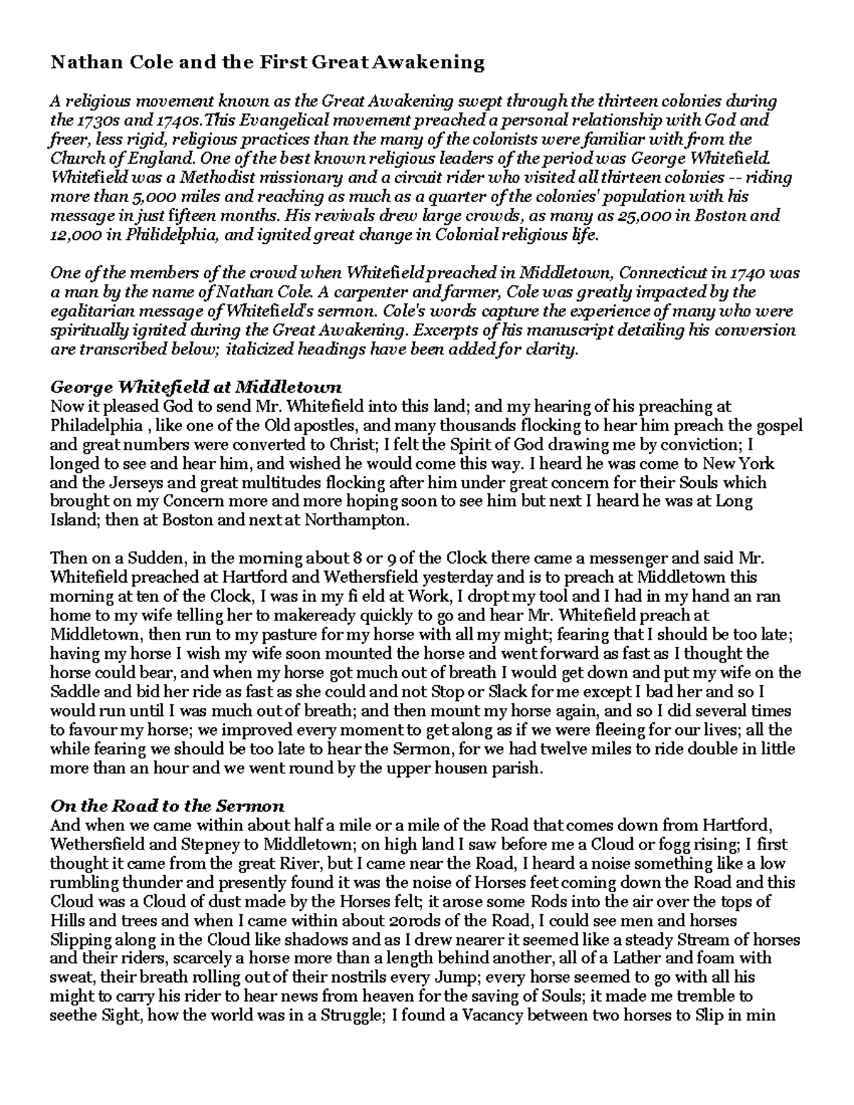 Nathan Cole and the First Great Awakening - One of the best known ...