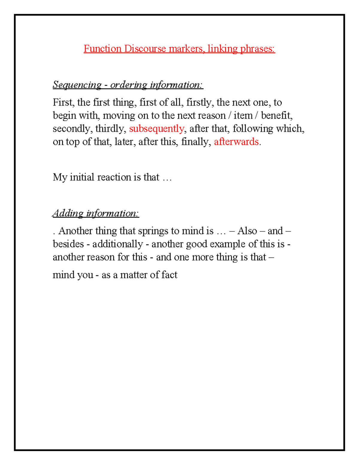 Discourse Markers - saaaaadsa - Function Discourse markers, linking ...