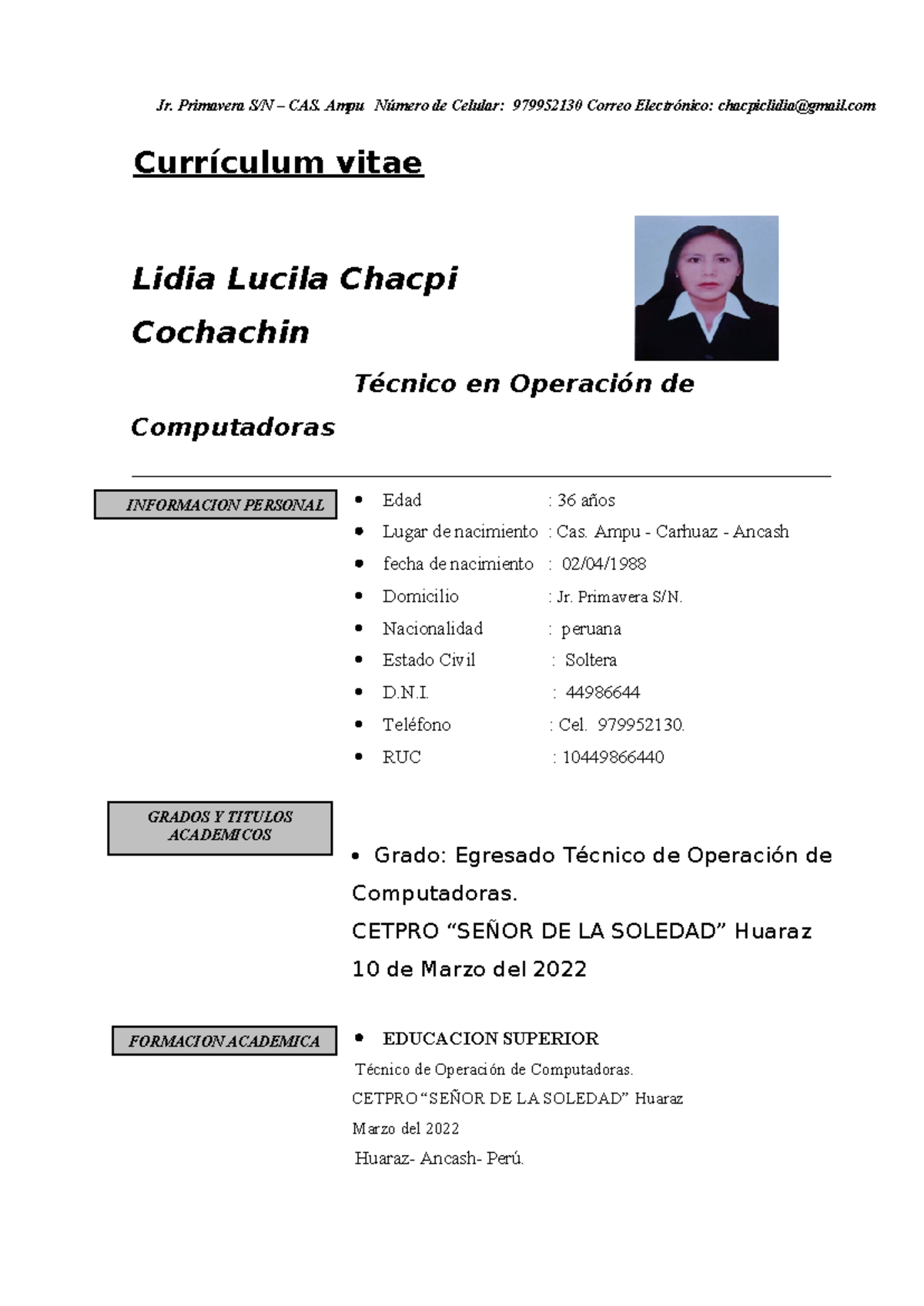 CV Lidia Chacpi Curriculum - Jr. Primavera S/N – CAS. Ampu Número de ...