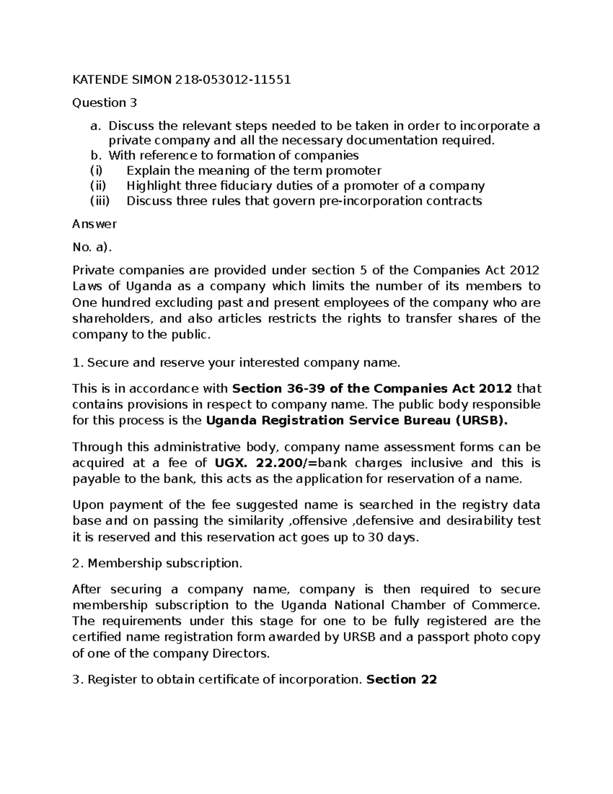 TEST LAW OF Business Associations - KATENDE SIMON 218-053012- Question ...