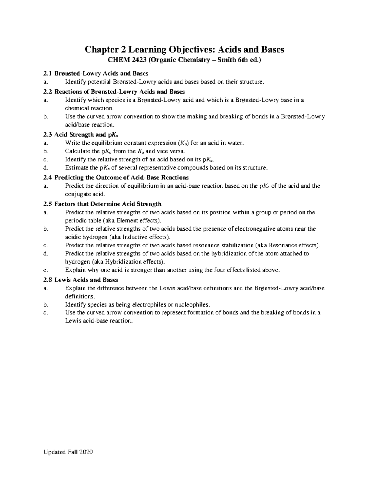 CHEM 2423 Chapter 2 Learning Objectives FA20 - Updated Fall 2020 Chapter 2 Learning Objectives ...