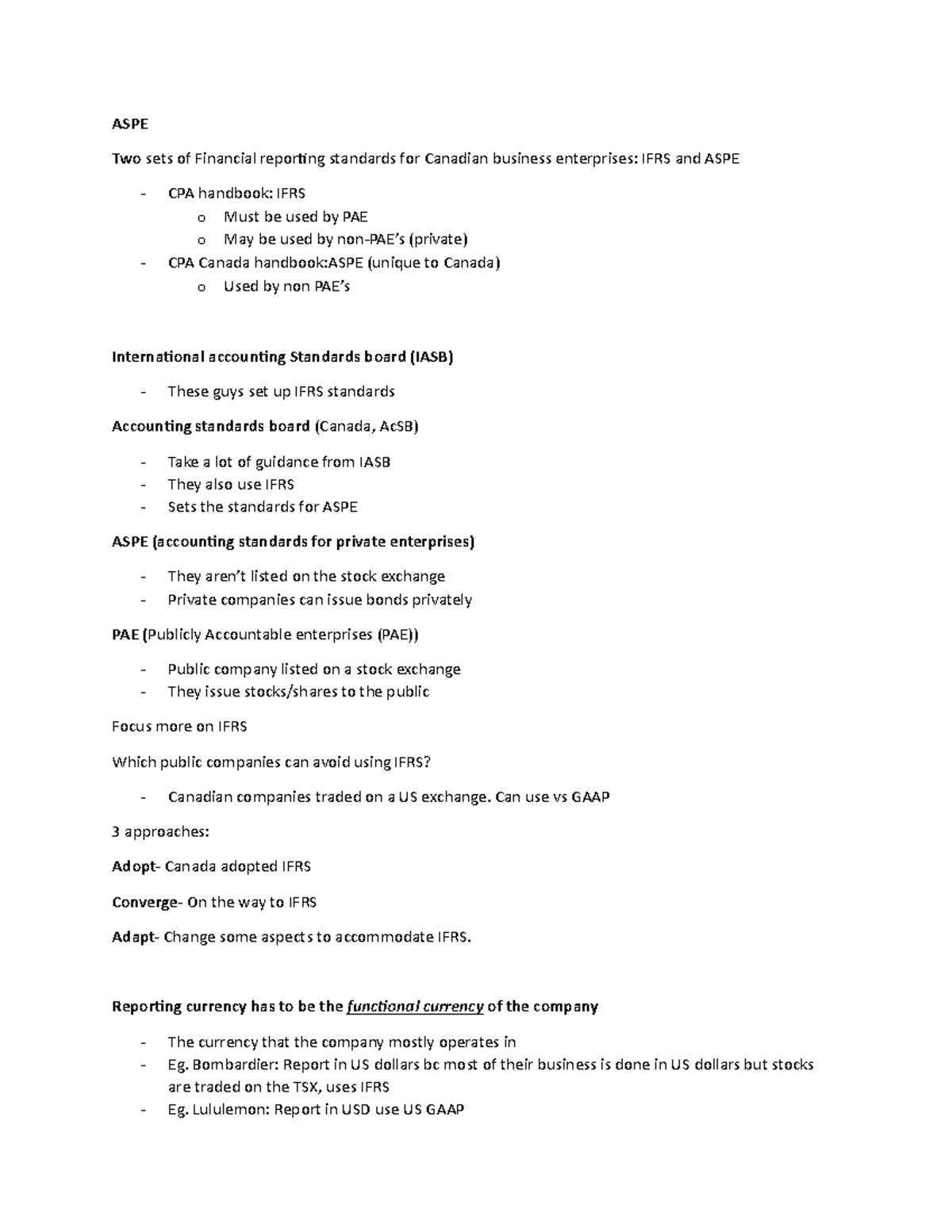 In class notes - ASPE Two sets of Financial reporting standards for ...