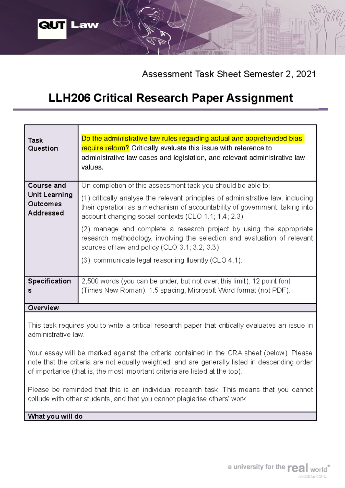 Task sheet - Assessment Task Sheet Semester 2, 2021 LLH206 Critical ...