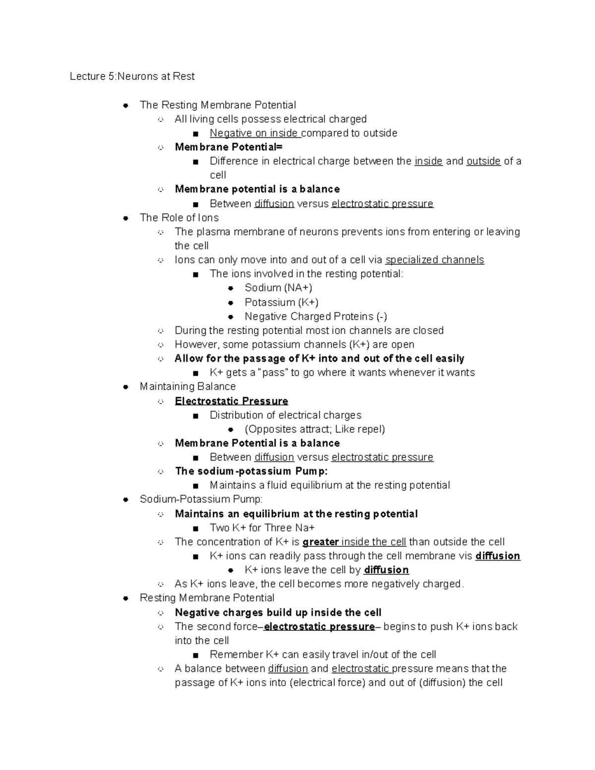 PSY209;Lecture 5 - Brain and Behavior Lecture with Jenna Lee - Lecture 5:Neurons at Rest The ...